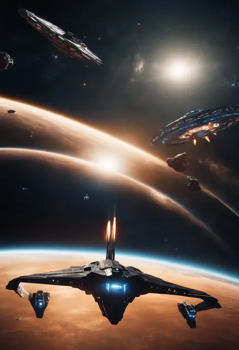 "Develop an epic space war scene, with futuristic-designed intergalactic ships engaged in an ...