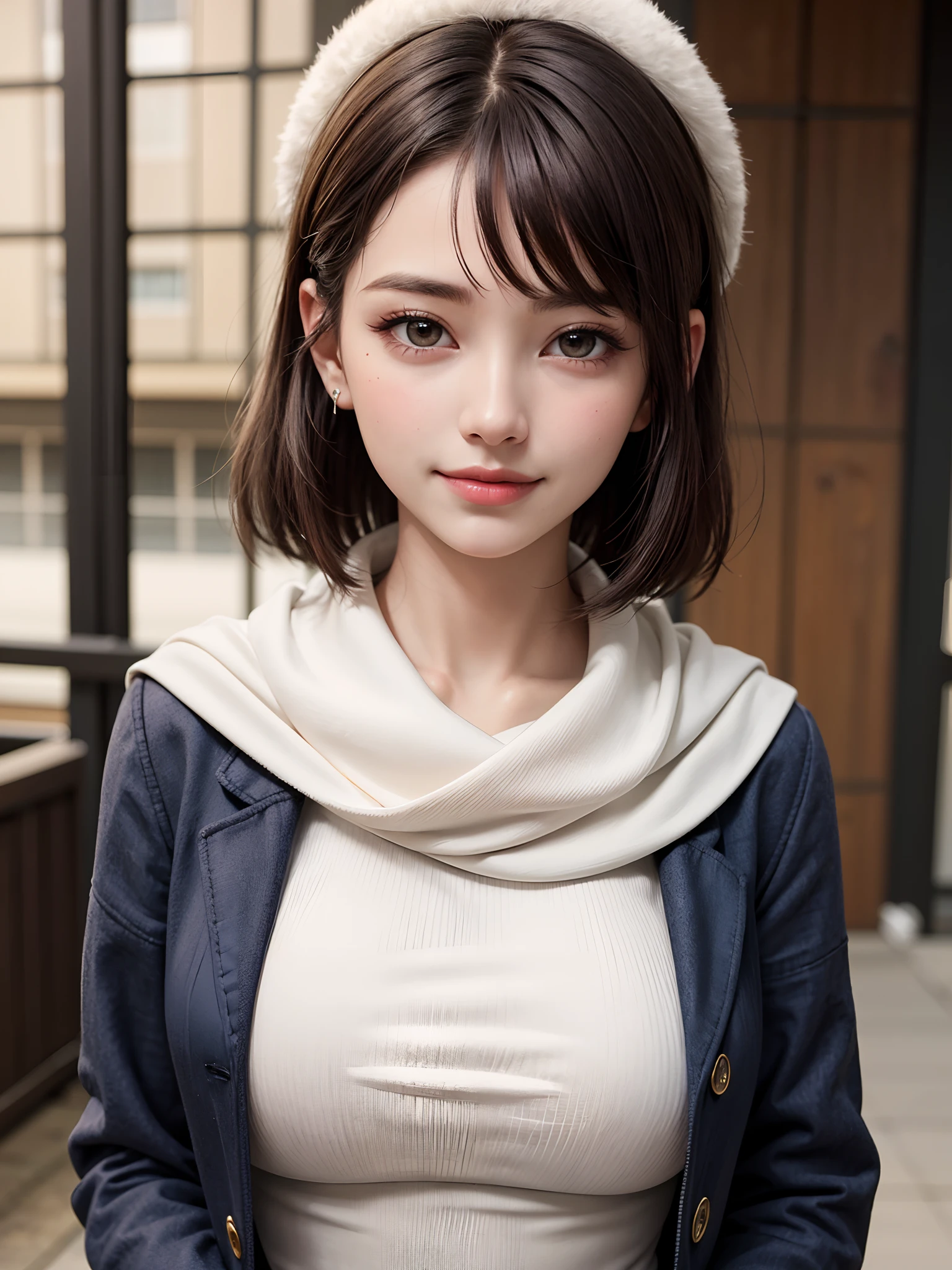 A Close Up Of A Woman Wearing A White Hat And A Blue Jacket Seaart Ai