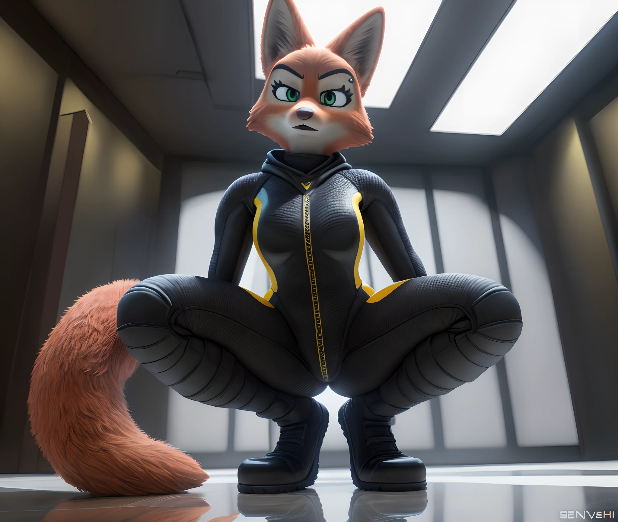 A close up of a toy fox in a suit sitting on a table - SeaArt AI