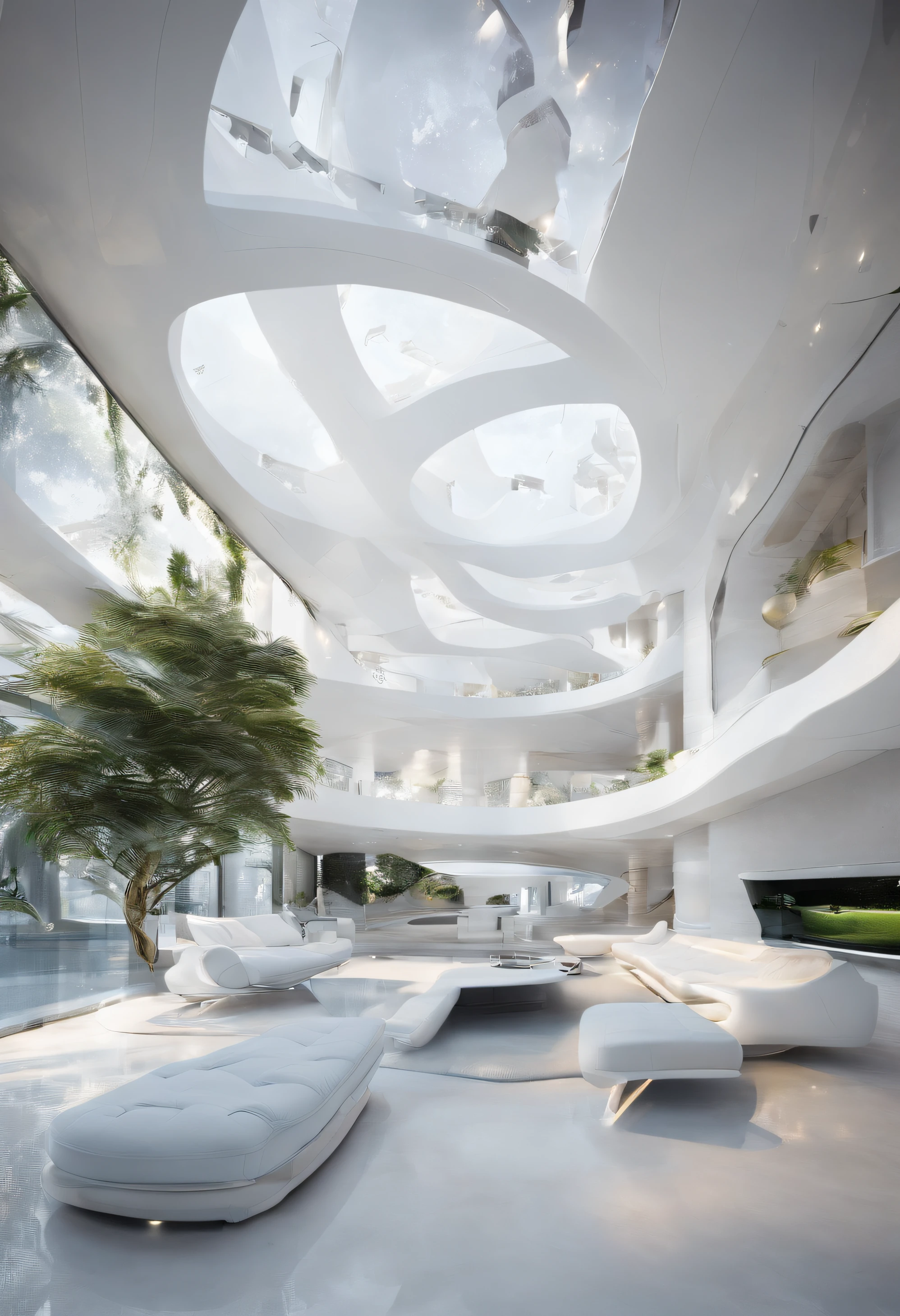 A close up of a large white couch in a room with a ceiling - SeaArt AI