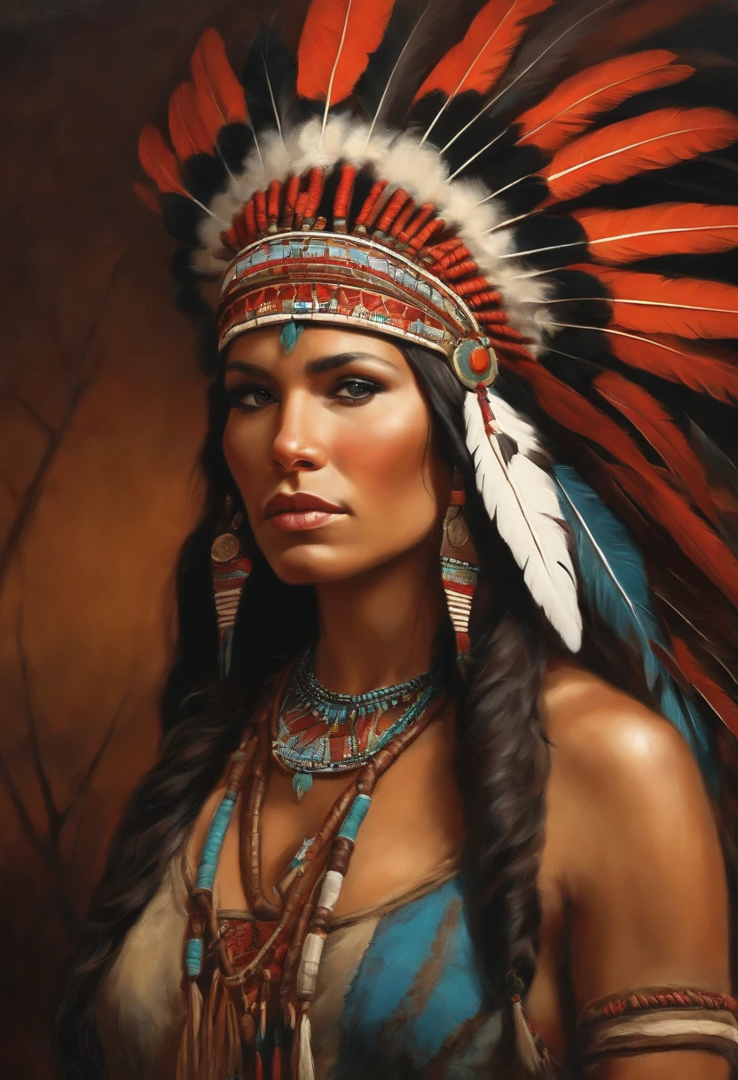 A painting of a woman wearing a headdress and feathers - SeaArt AI