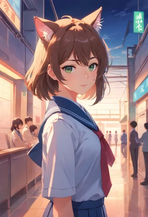 Catgirl in highschool Japanese uniform - SeaArt AI