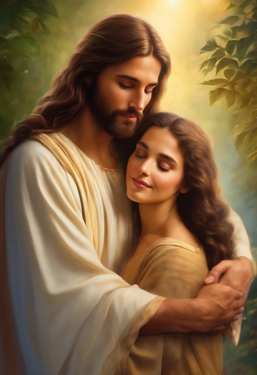 Jesús abrazando a una joven - SeaArt AI