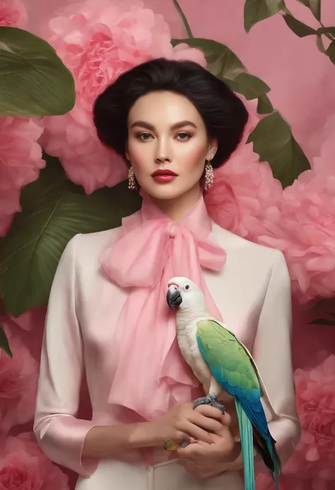 fashion magazine，ultrarealism oil painting，（Pure white parrot），Chinese ...