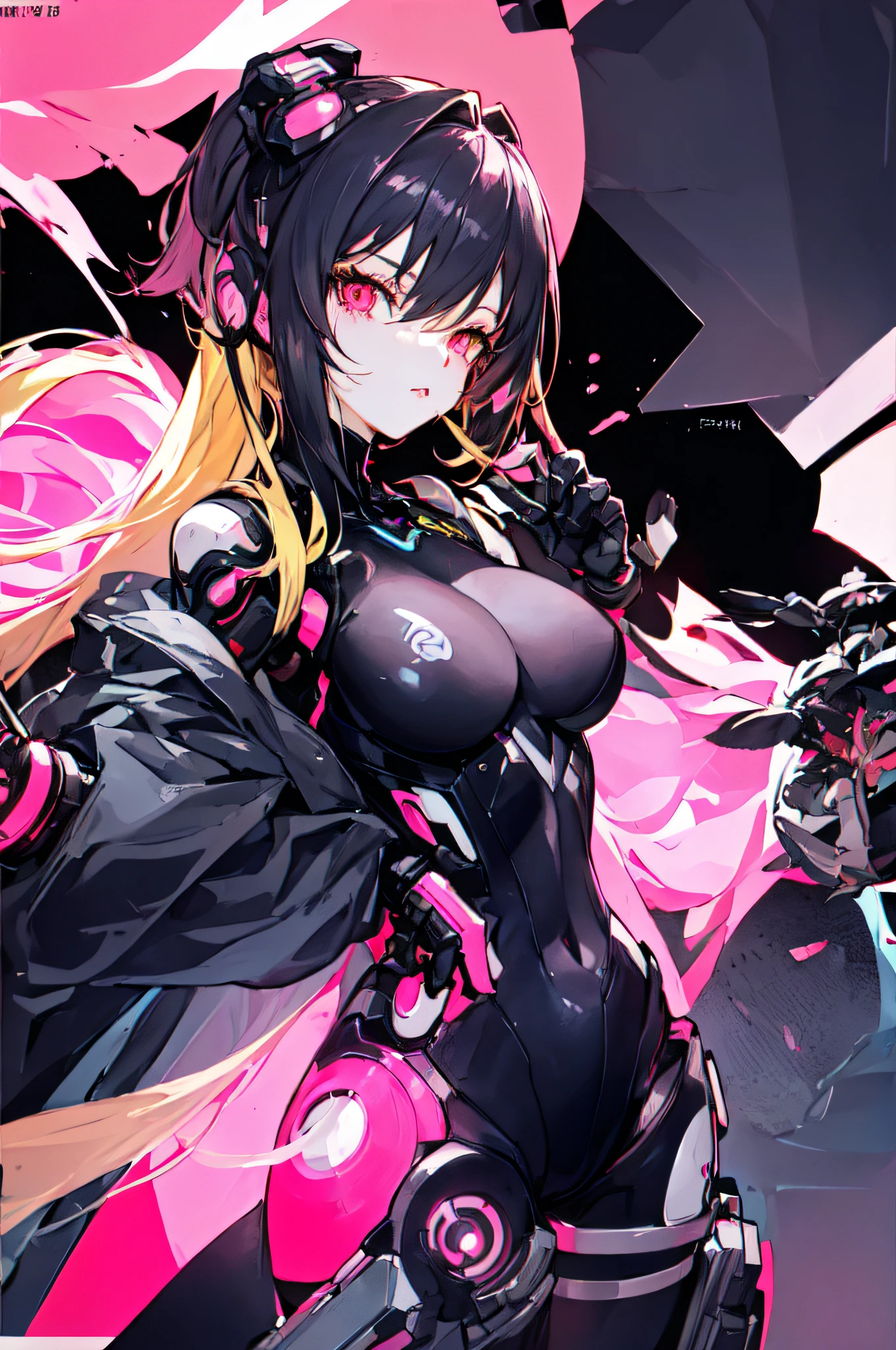 Close up portrait of a woman in a black and pink costume, cybercore, android heroine, Girl in ...