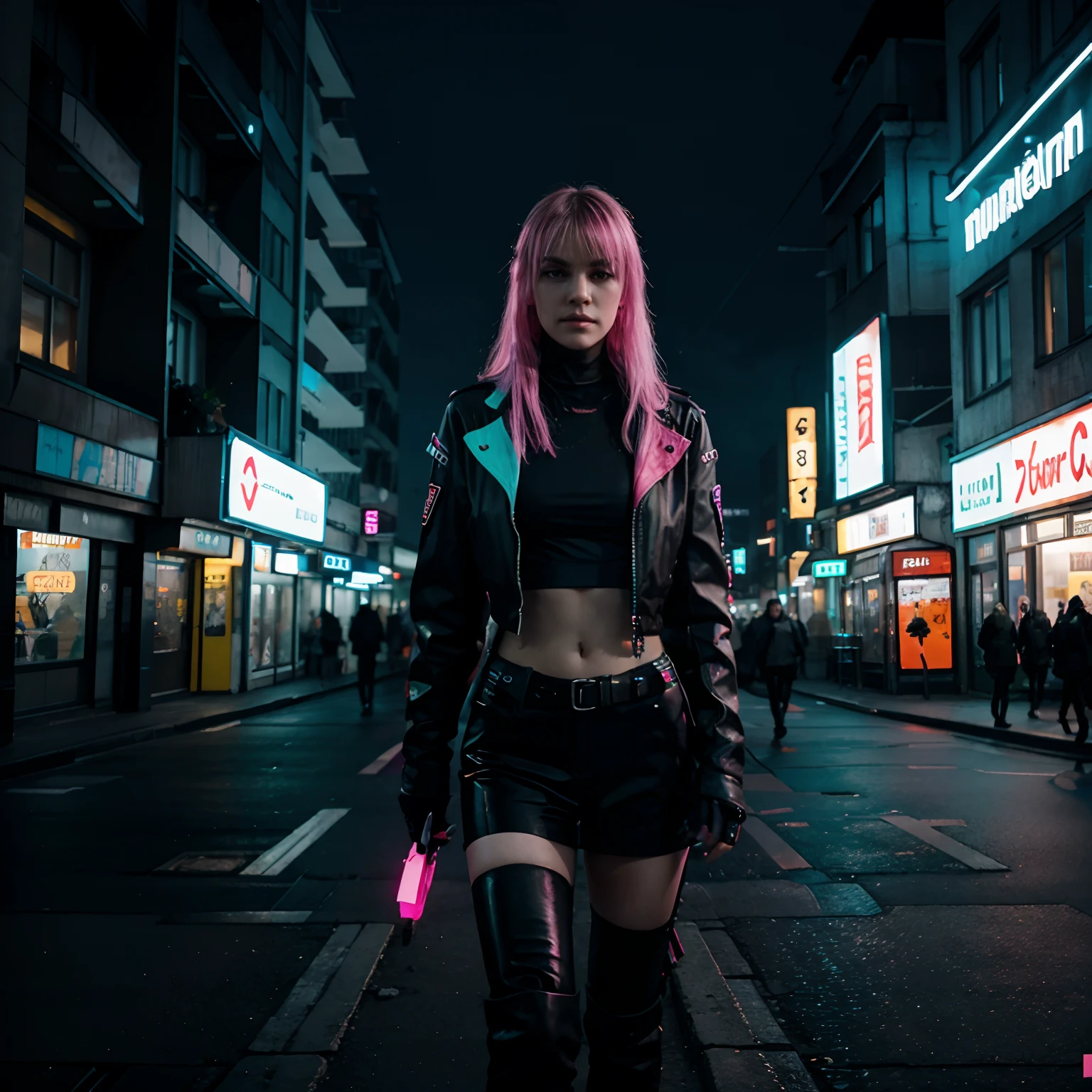 Arafed woman with pink hair and black leather jacket walking down a street - SeaArt AI