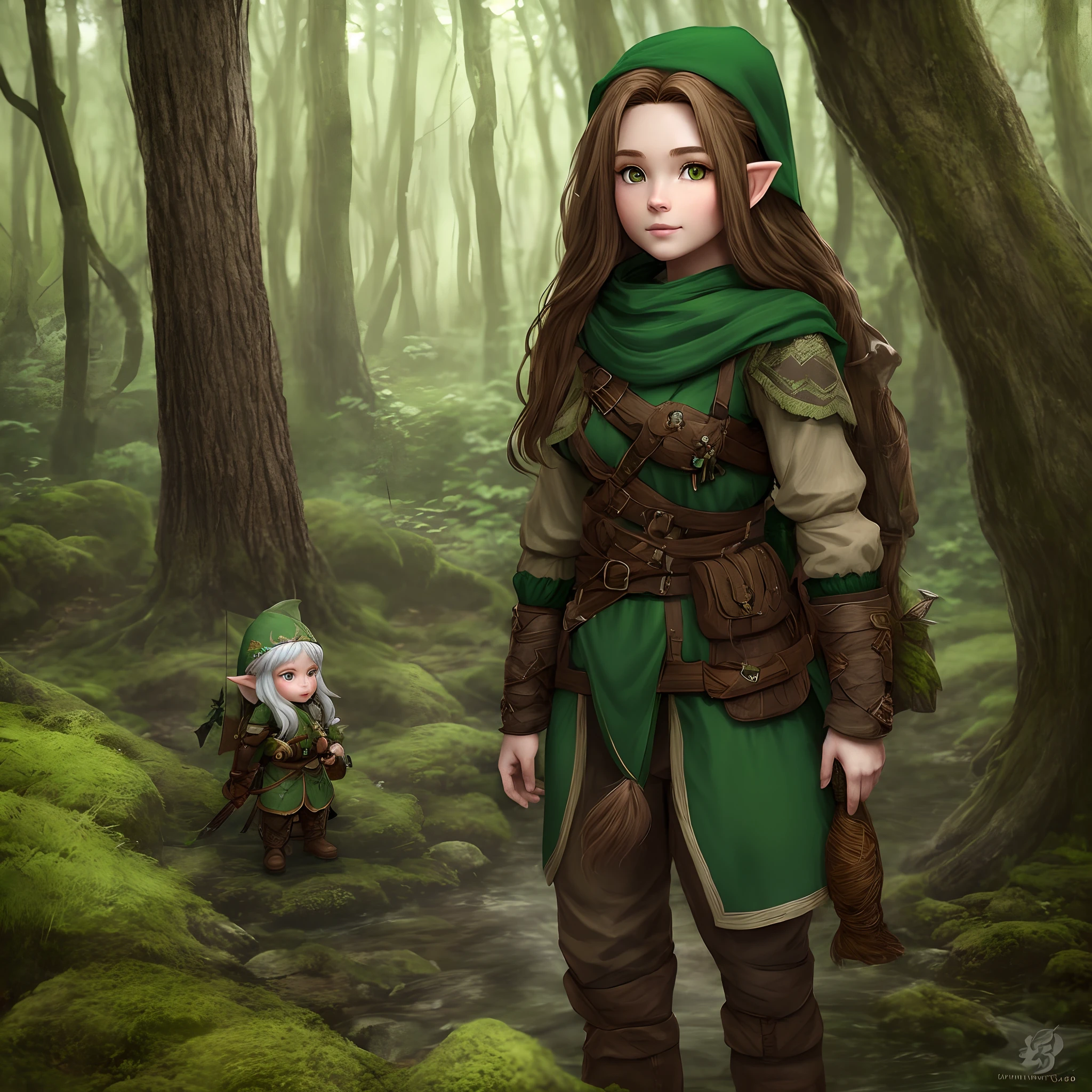 A Woman In A Green Outfit Standing In A Forest Next To A Small Gnome