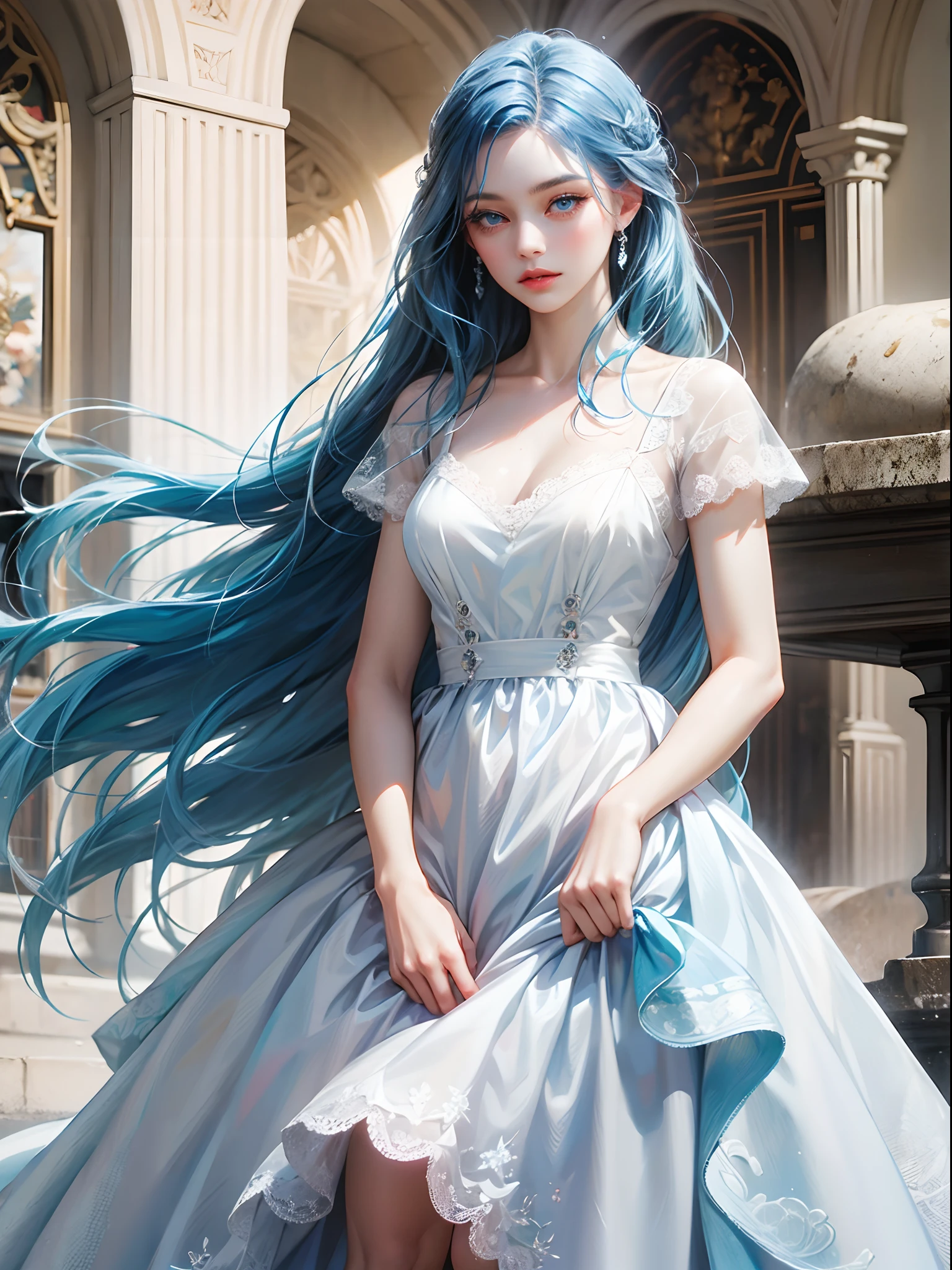 a women, blue hair, blue eyes, white dress - SeaArt AI