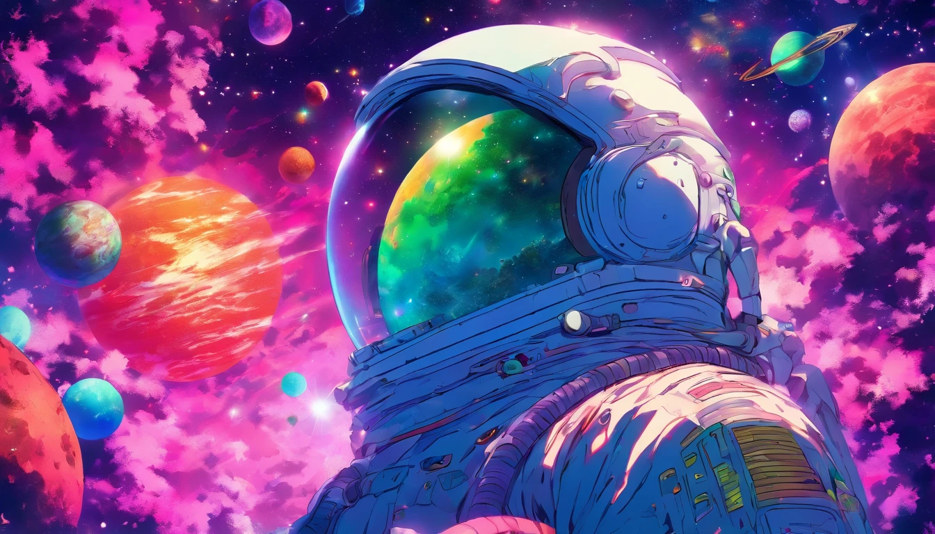HD details, Close-up of a man in a spacesuit, planets in the background ...