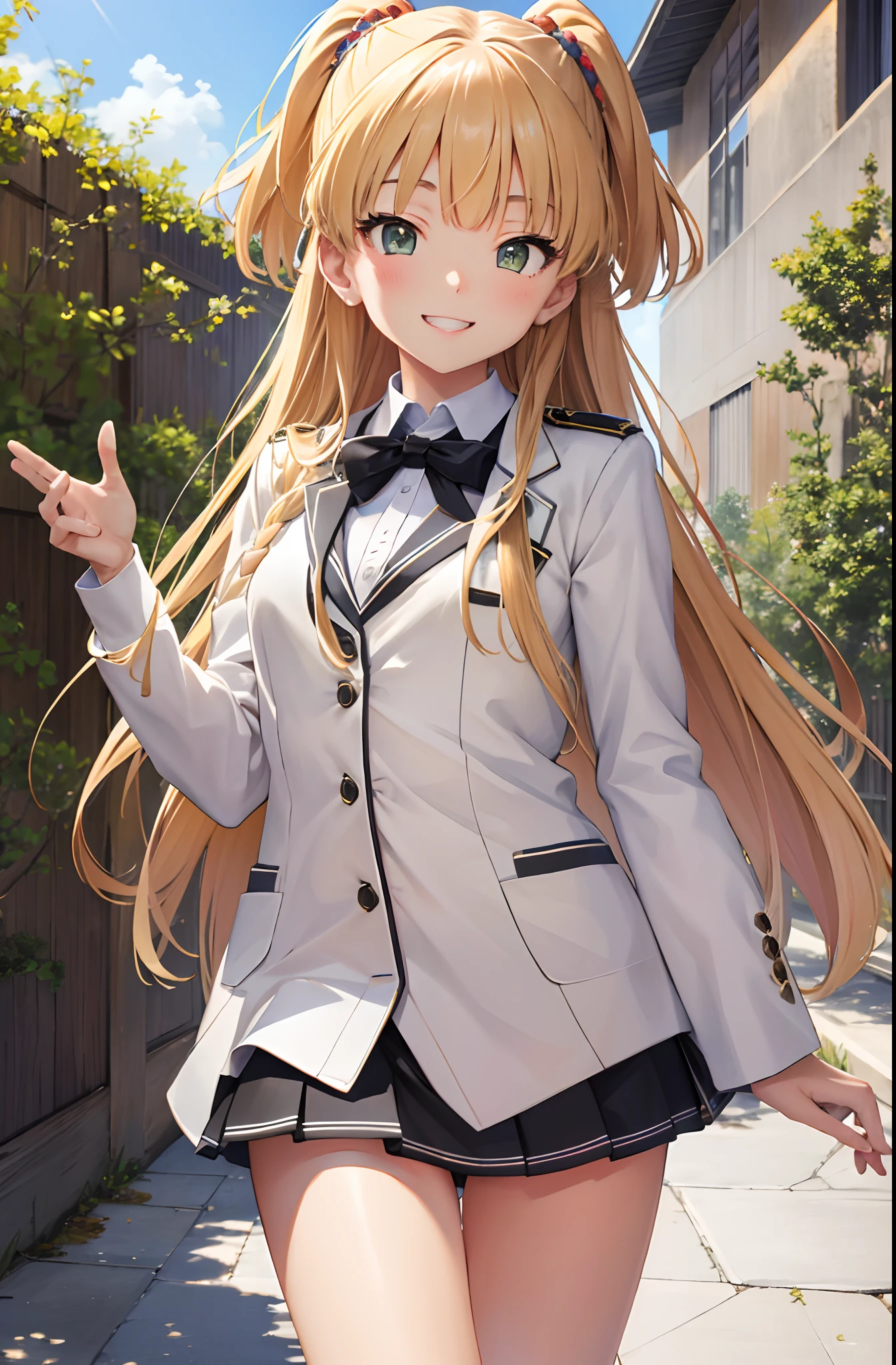 Anime girl in school uniform walking down a sidewalk with her hand in ...