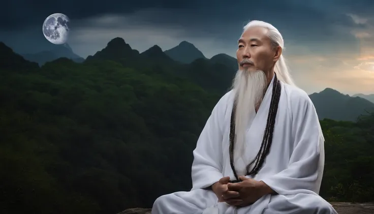 30 years old Asian middle-aged Taoist elder sitting in blue galaxy ...