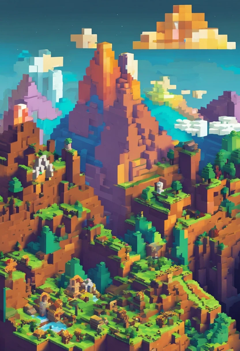 A pixel pixel landscape with a mountain and a river - SeaArt AI