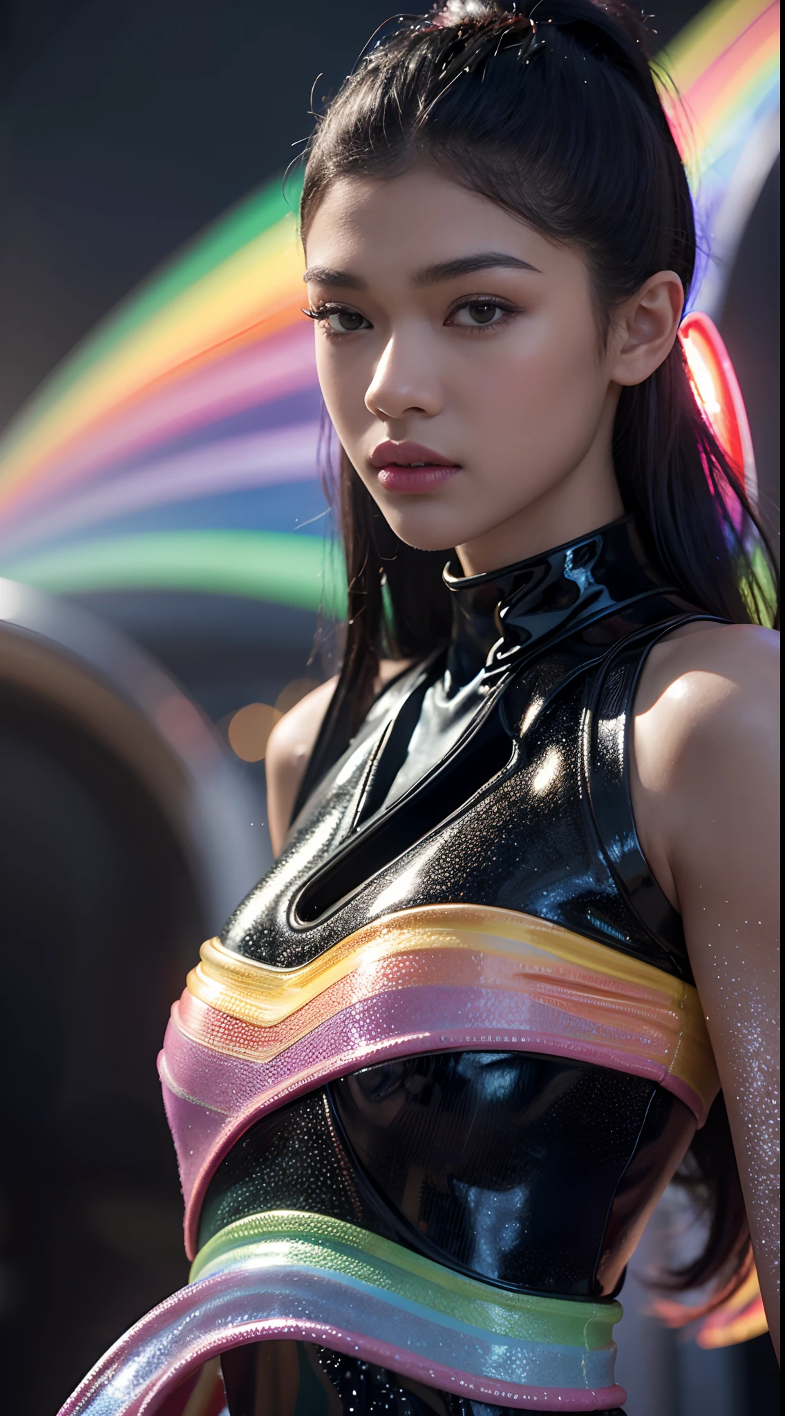 A close up of a woman in a black dress with a rainbow stripe - SeaArt AI