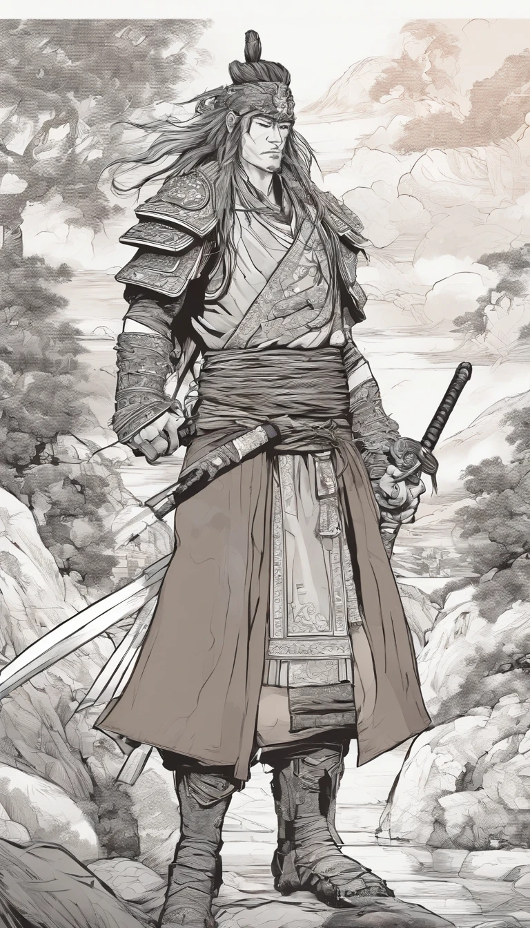 estilo manga，medium shot the scene is，The Taoist samurai stood before a ...