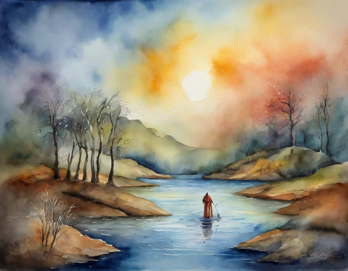 Painting of a man standing in a body of water with a boat - SeaArt AI