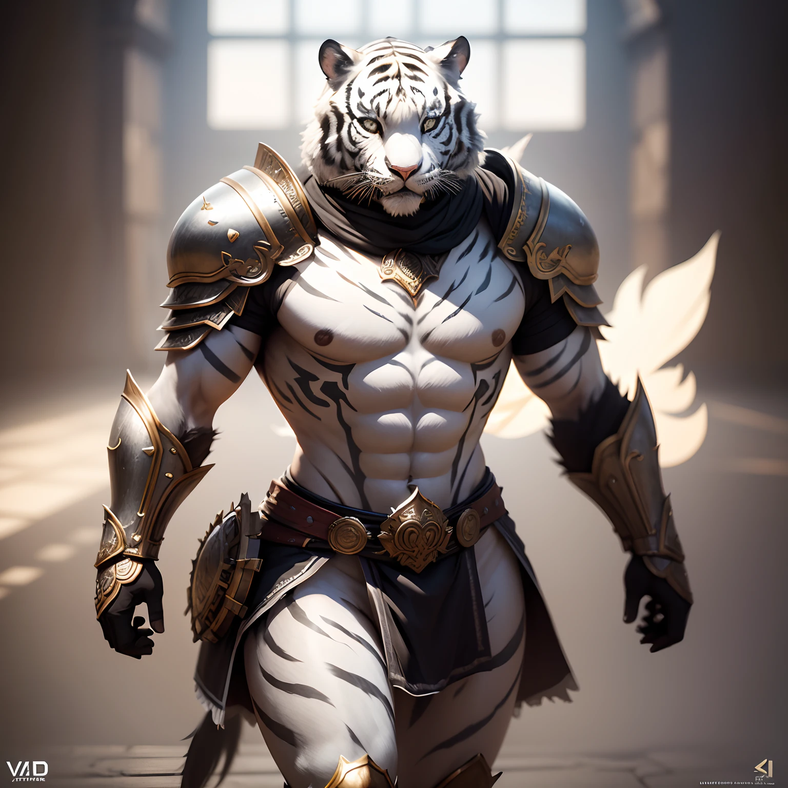 Super cute white tiger warrior in 4K realistic armor, super detailed, vray display, unrealistic ...