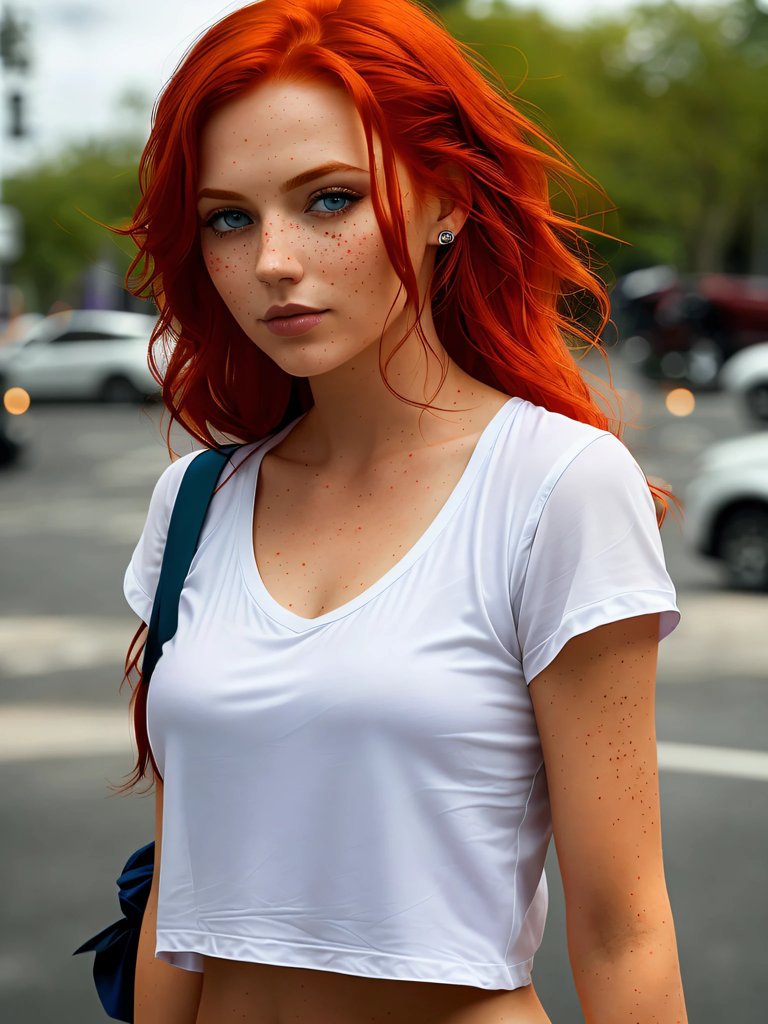 Arafed woman with red hair and blue eyes walking down the street - SeaArt AI