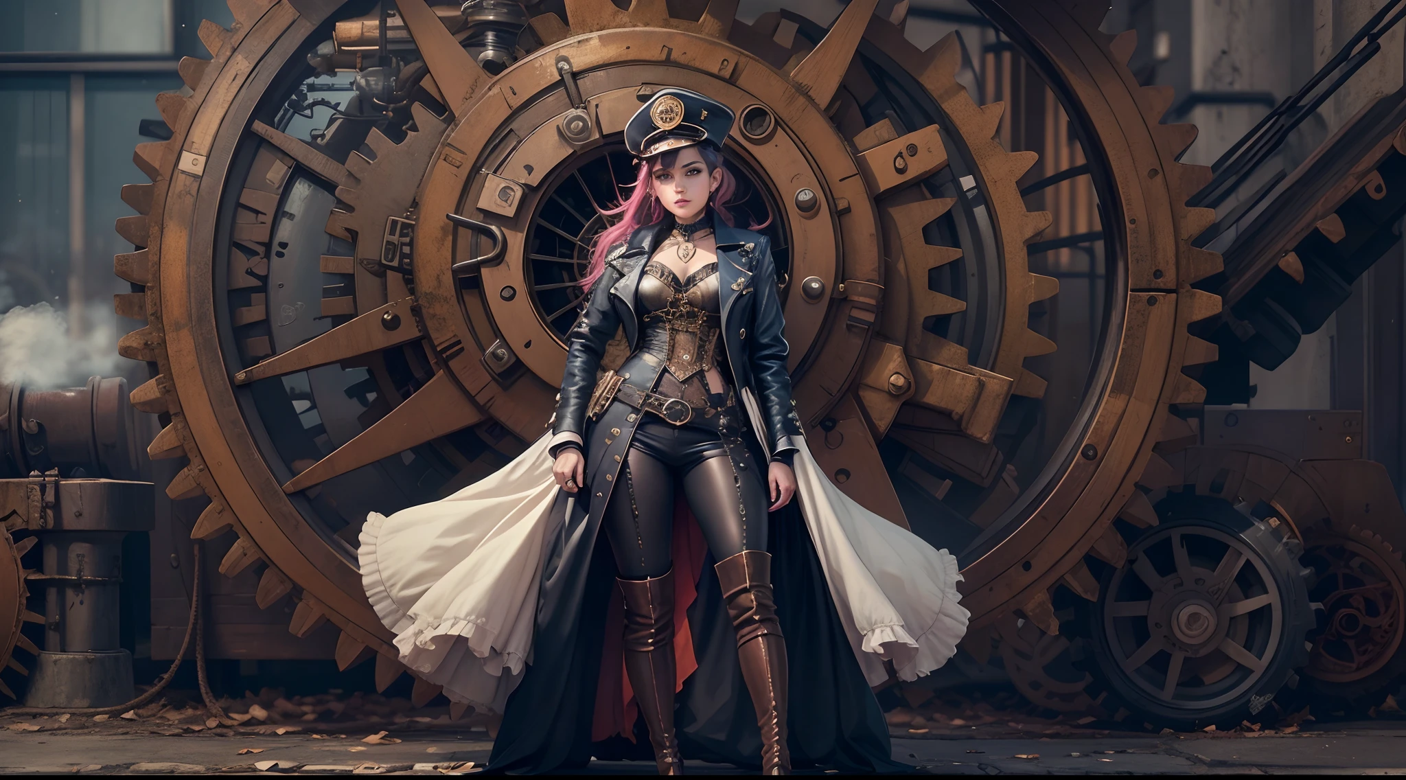 Arafed woman in a steampunk outfit standing in front of a large clock - SeaArt AI