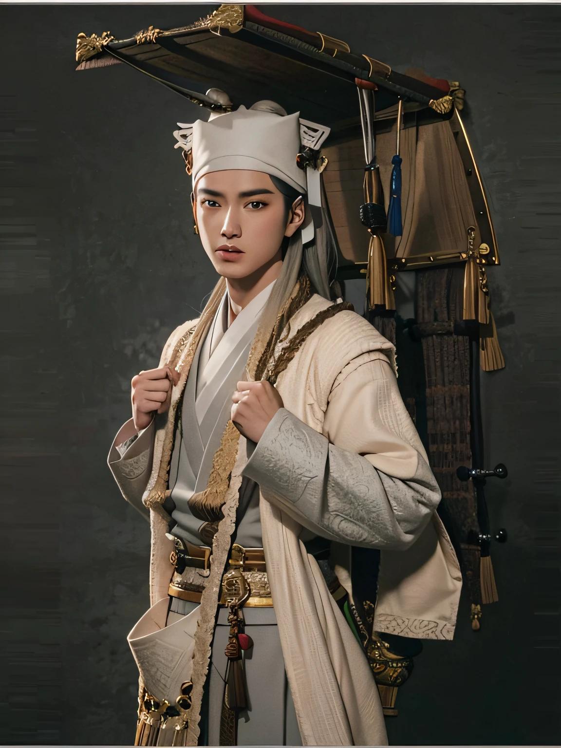 身着中国传统服装的阿尔菲德男子，他头上有一个木盒子, li zixin, pan ren wei, jin shan, feng shu - SeaArt AI