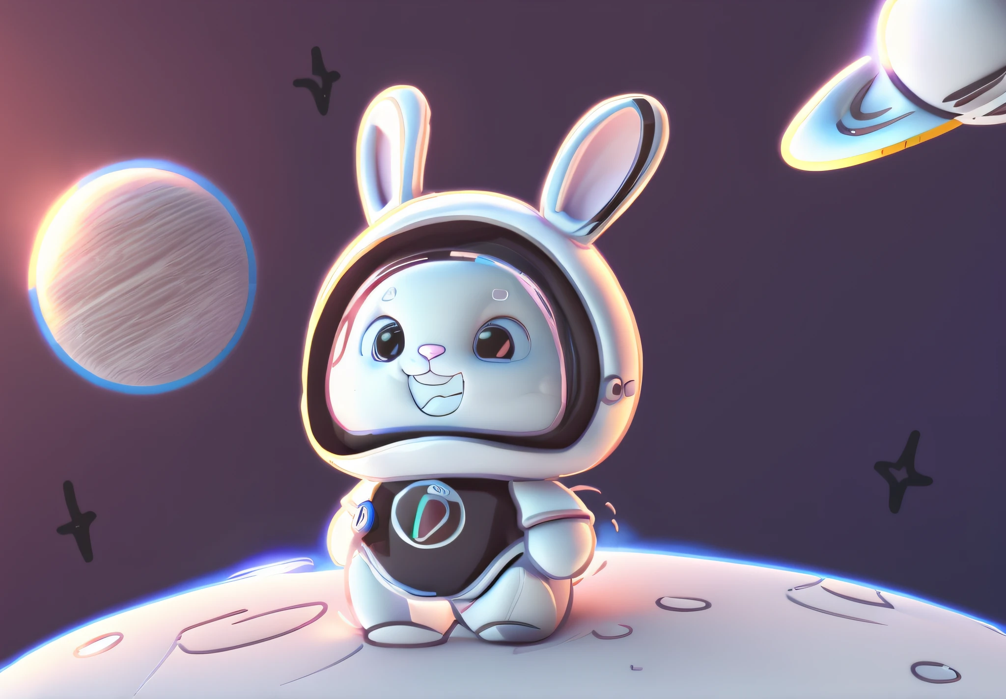 Cartoon rabbit in space suit sitting on a moon with planets in the background - SeaArt AI