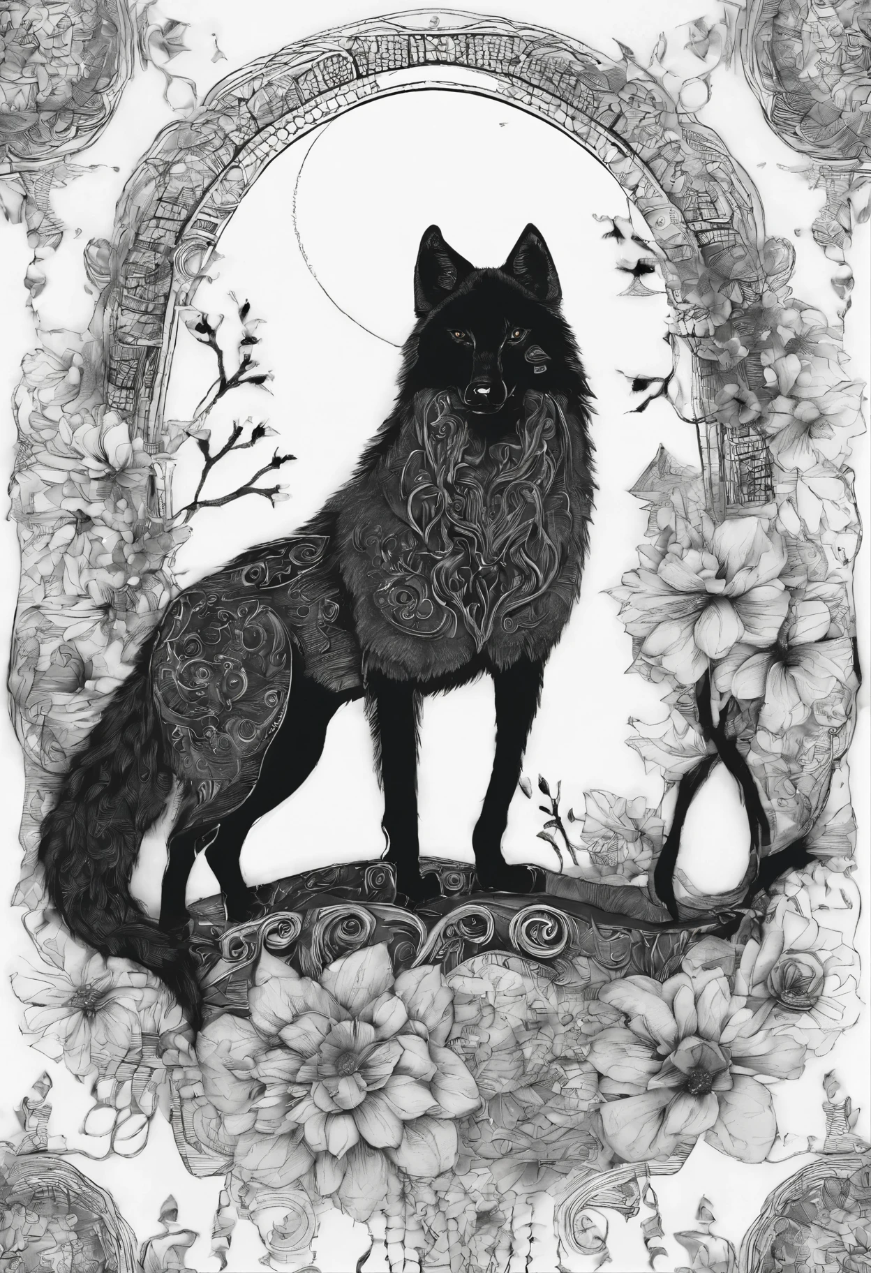 Mystical black wolf with moon flowers around. - SeaArt AI