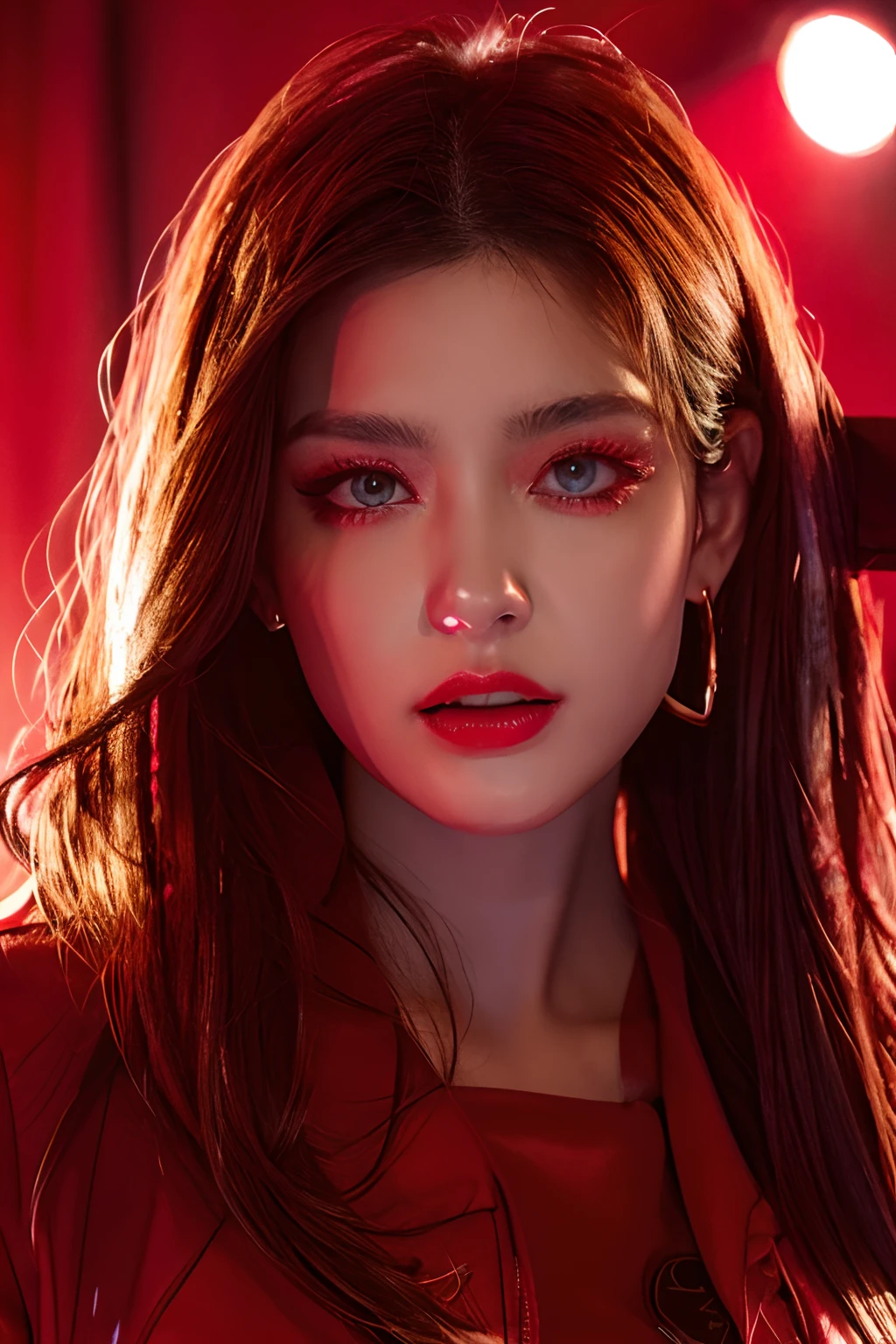 A woman with long hair and red lipstick posing for a photo - SeaArt AI