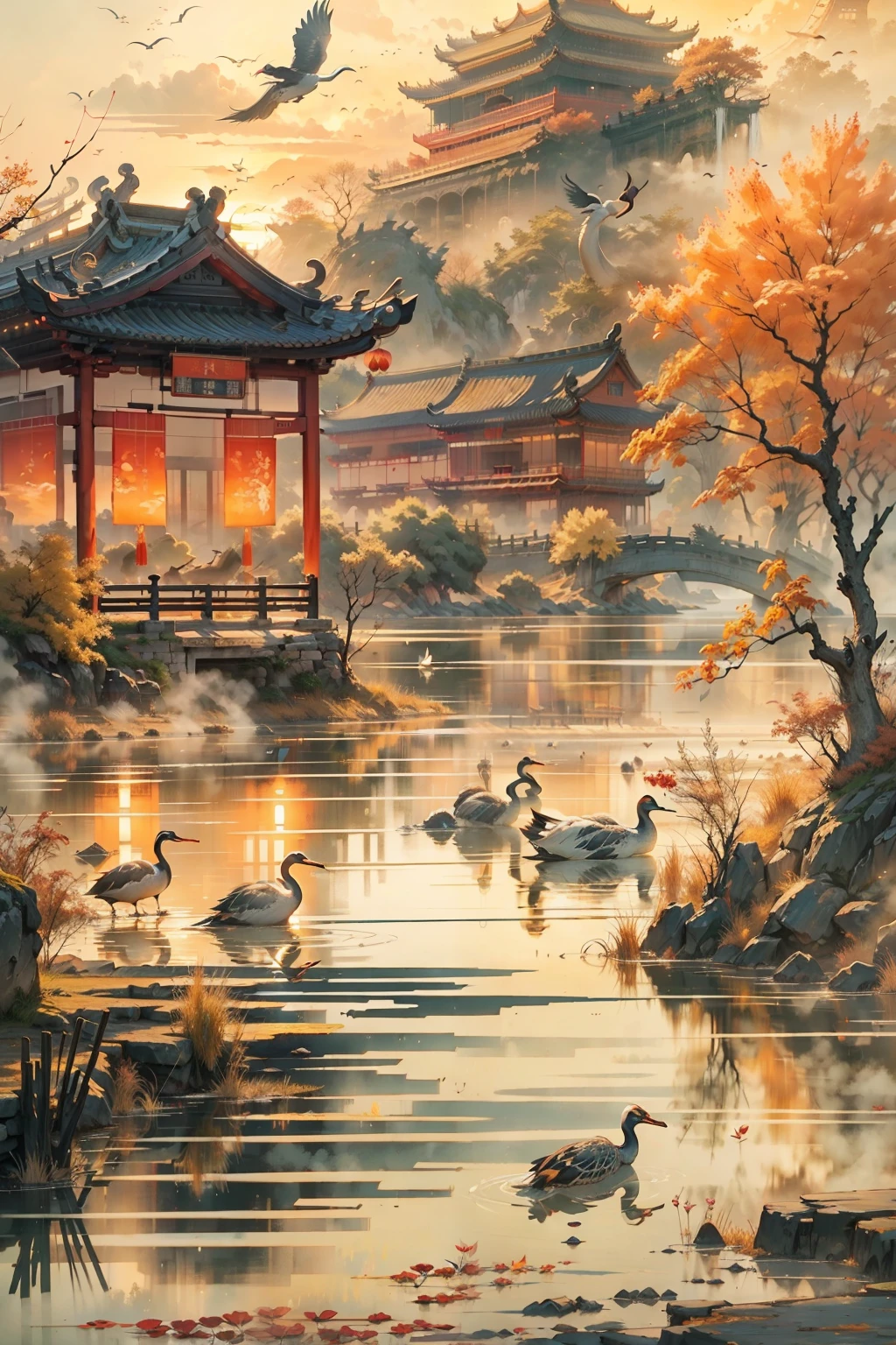 China ink painting，ink，The sunset and the solitary crane fly together ...