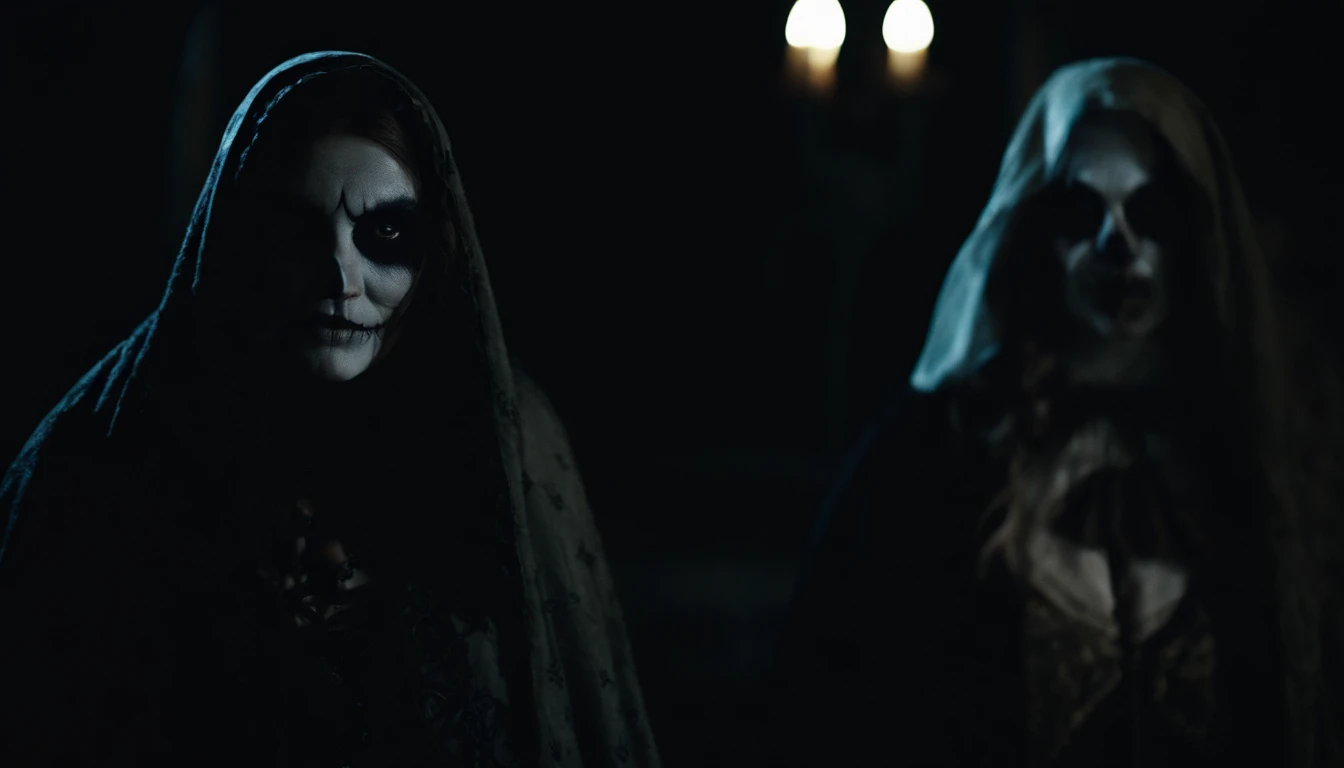 Two women dressed in costumes and makeup standing in the dark - SeaArt AI