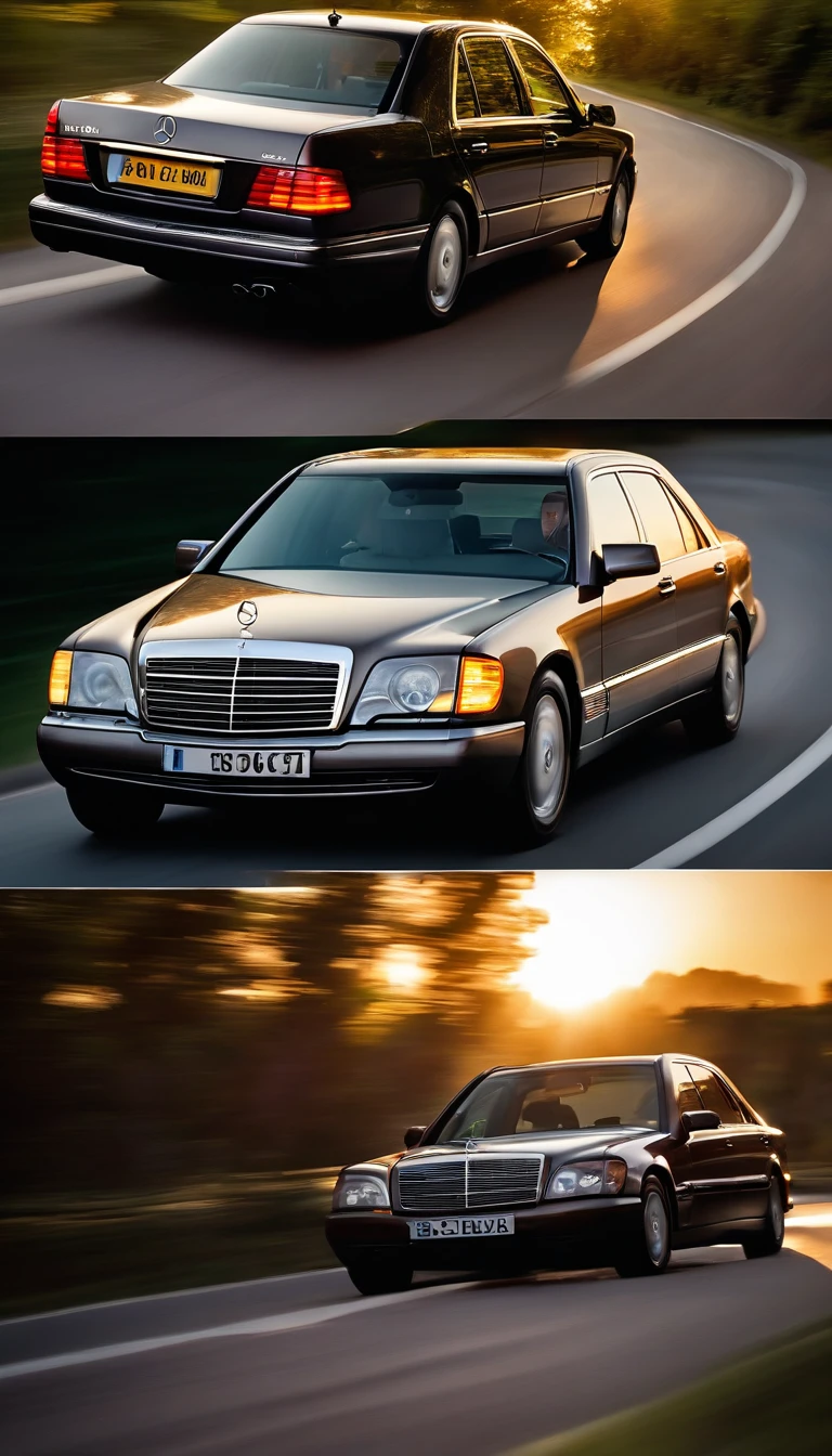 a sleek and luxurious mercedes-benz w140 s320 from 1992, gliding down a winding road, with the ...
