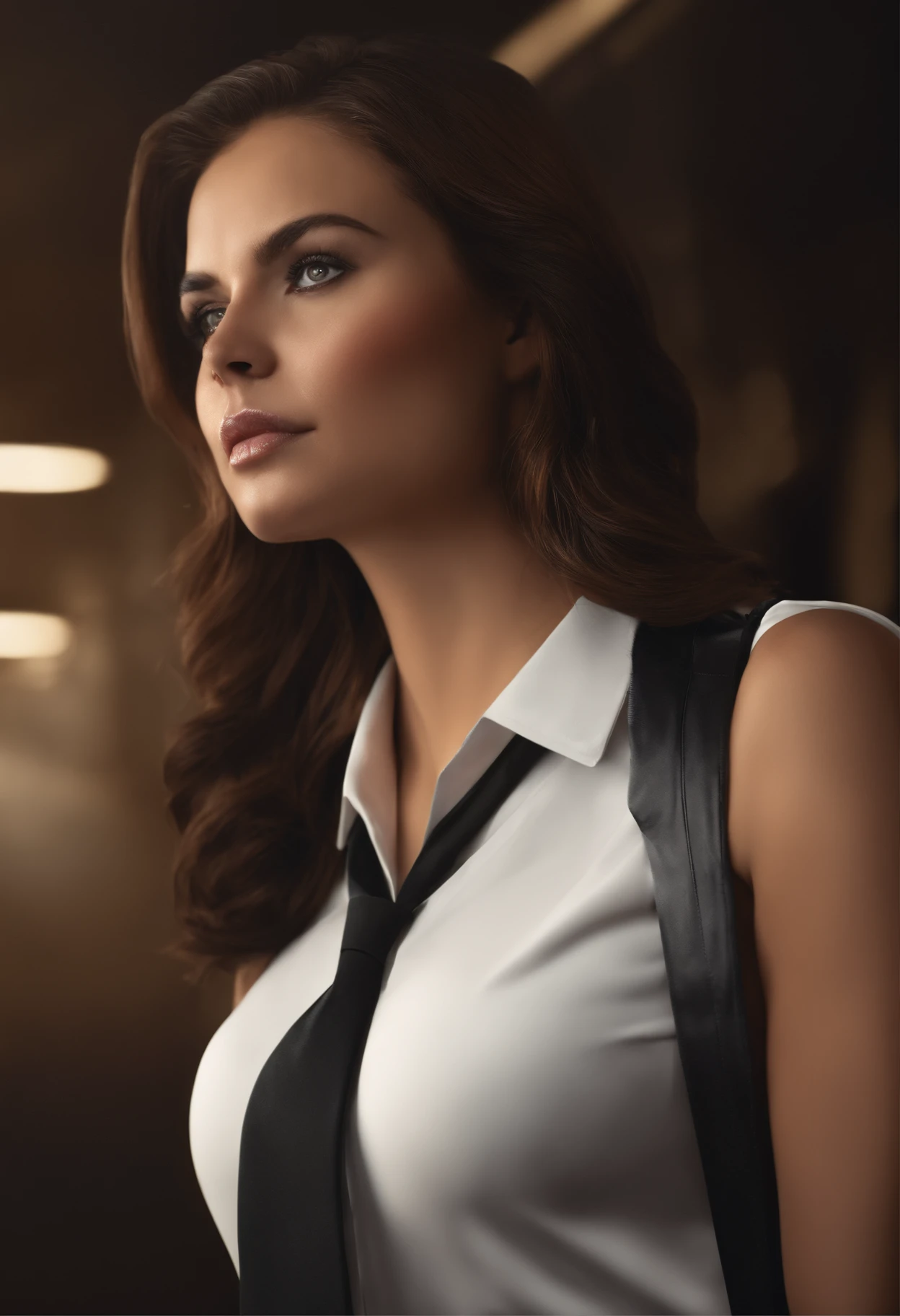 A close up of a woman in a white shirt and black tie - SeaArt AI