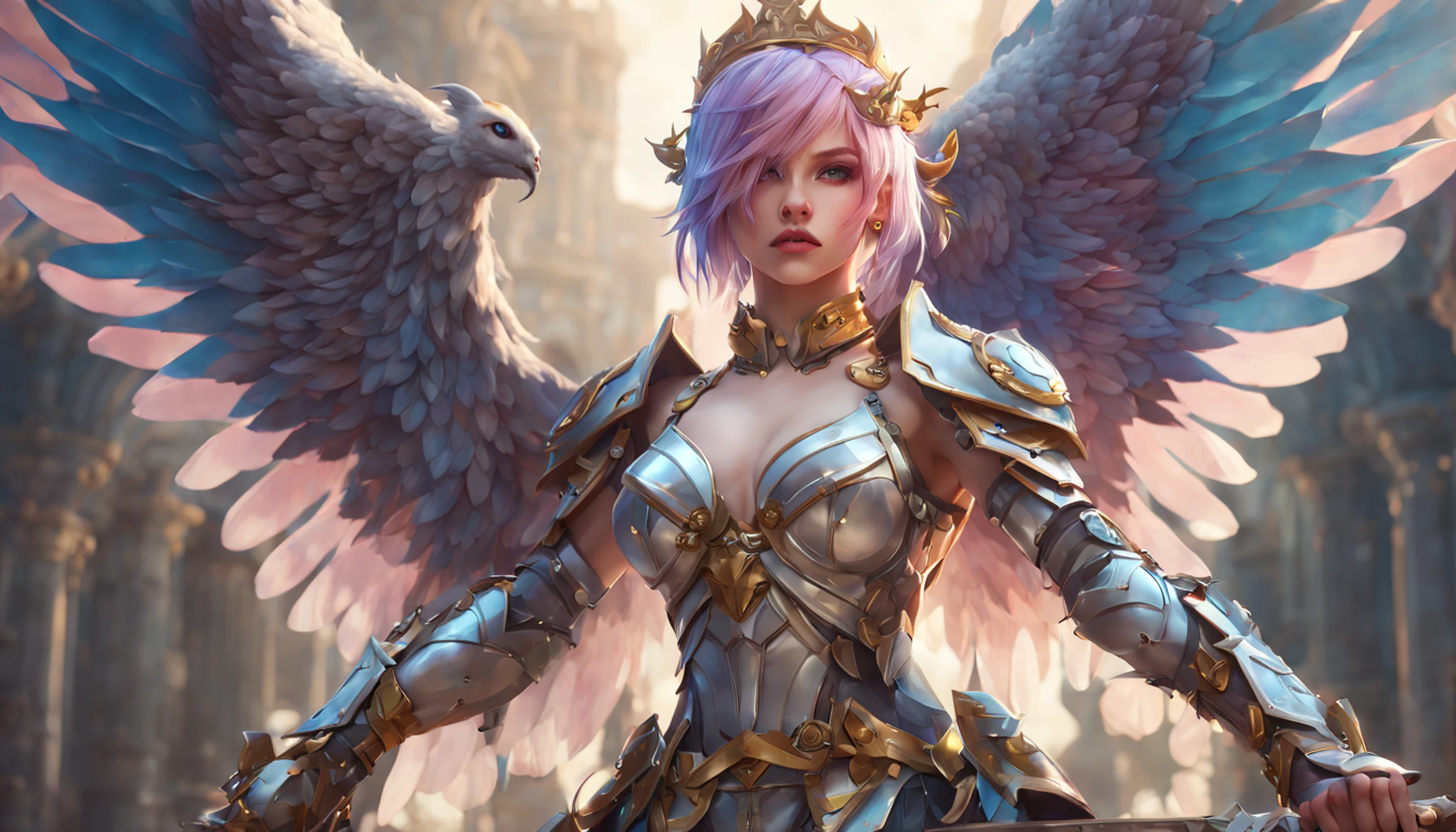 A woman with wings and armor holding a sword in a city - SeaArt AI