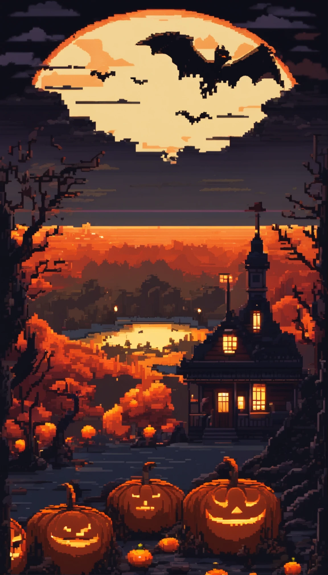 A pixel art style image of a halloween scene with pumpkins and bats ...