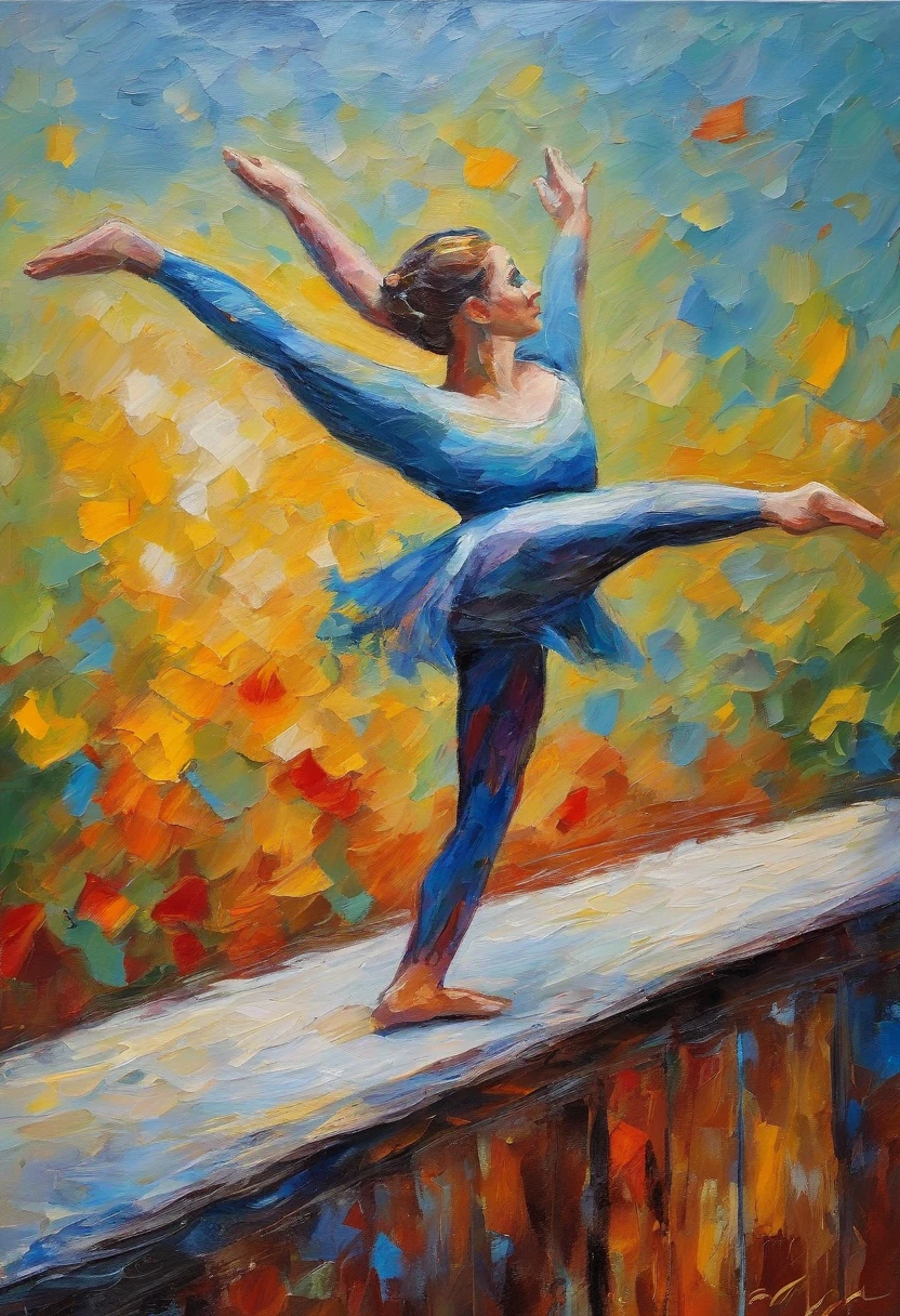 A gymnast performing an elegant routine on the balance beam. Impasto. Pinceladas de Van Gogh ...