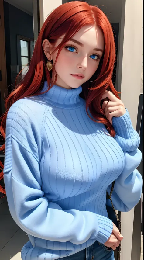 Woman, big breasts, redhead, blue eyes, transparent sweater - SeaArt AI