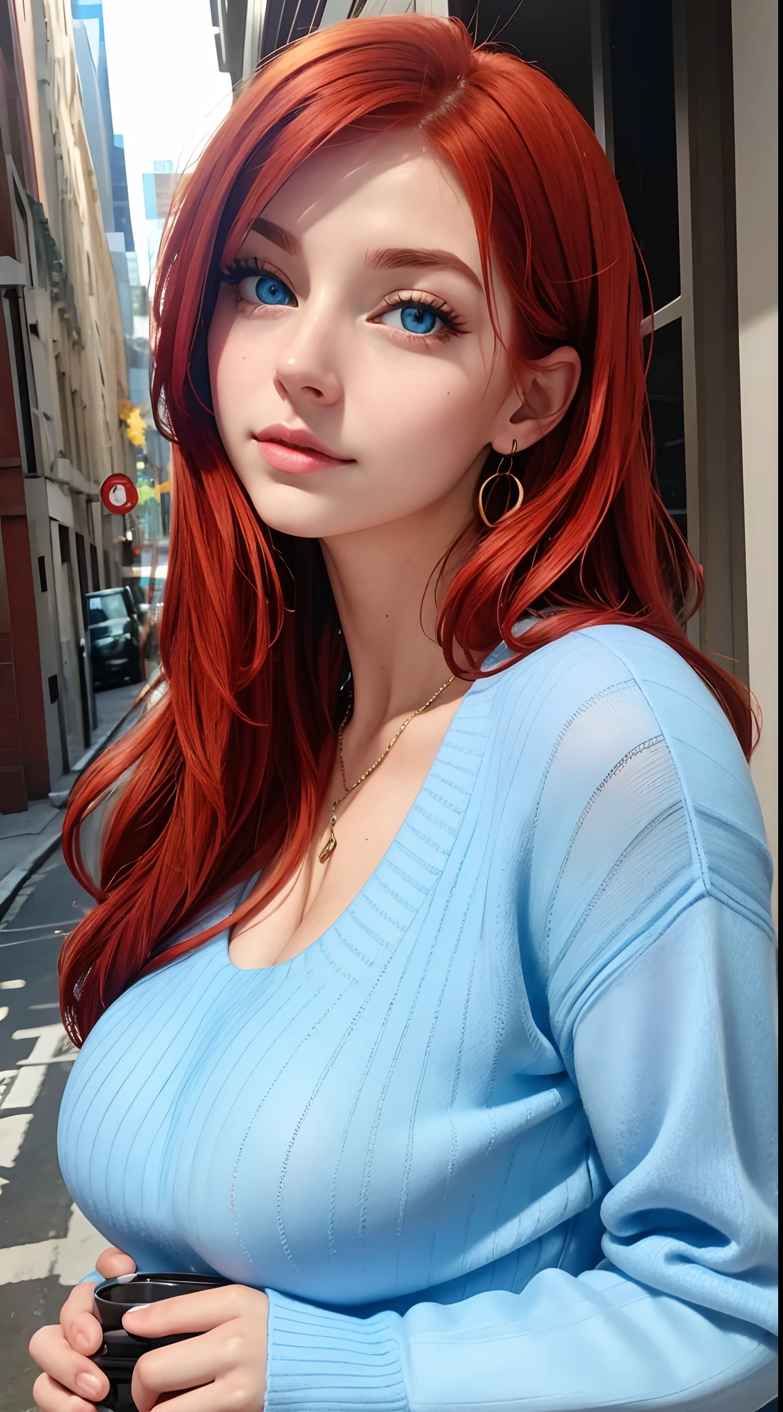 Woman, big breasts, redhead, blue eyes, transparent sweater - SeaArt AI