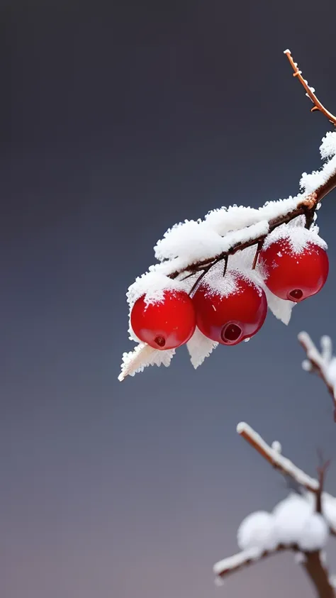 A frozen branch，There are two small red hawthorns on it，There is frost on hawthorn and branches ...