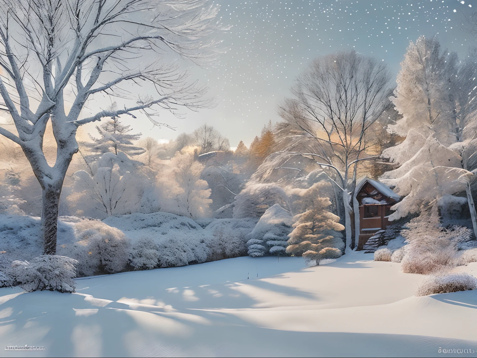 Snowy scene of a house and trees in a snowy landscape - SeaArt AI