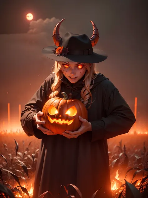 A Pumpkin Man de corpo todo,vestindo um sobretudo,com chamas em seus ...