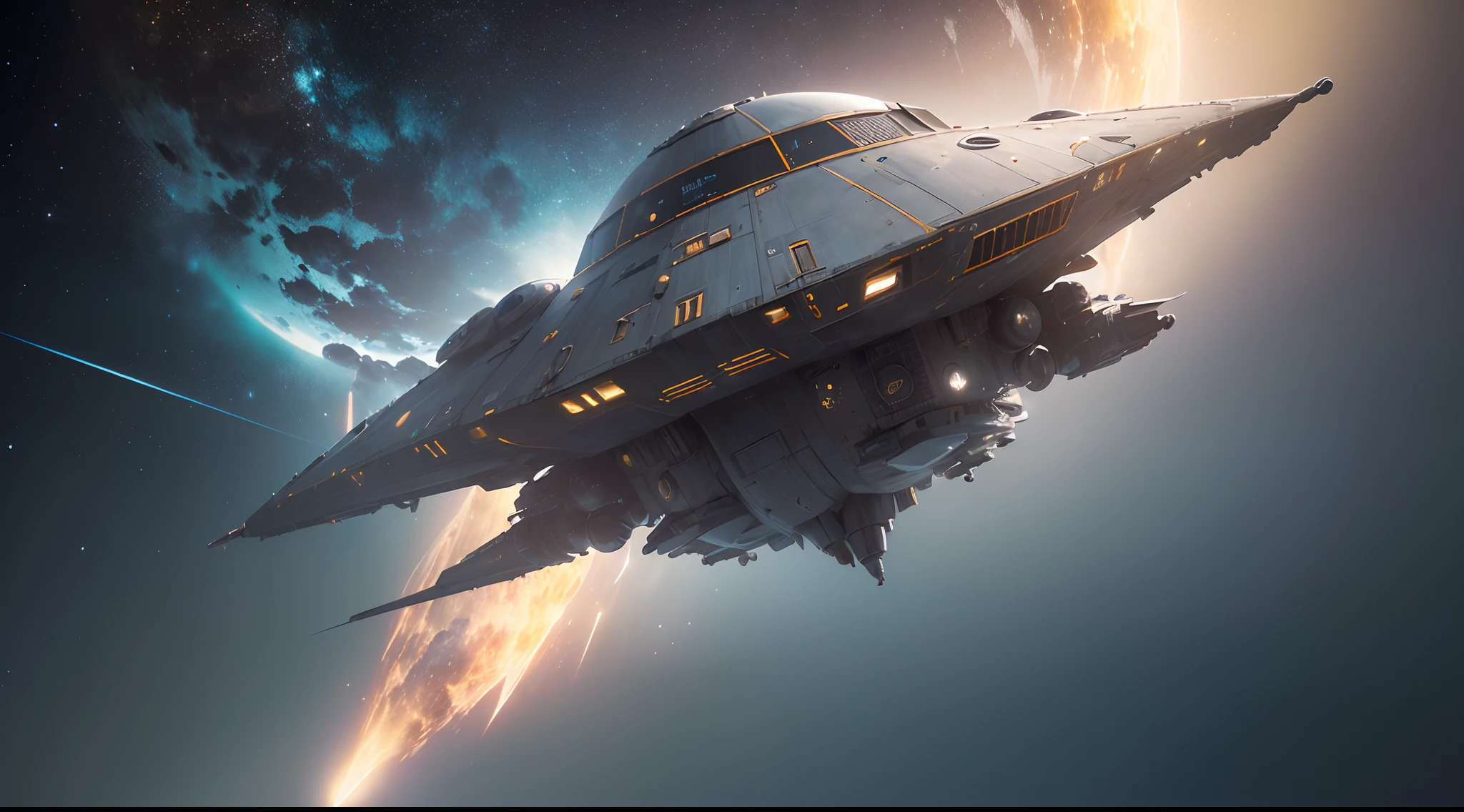 Vaisseau spatial volant dans l'espace avec une planète en arrière-plan - SeaArt AI