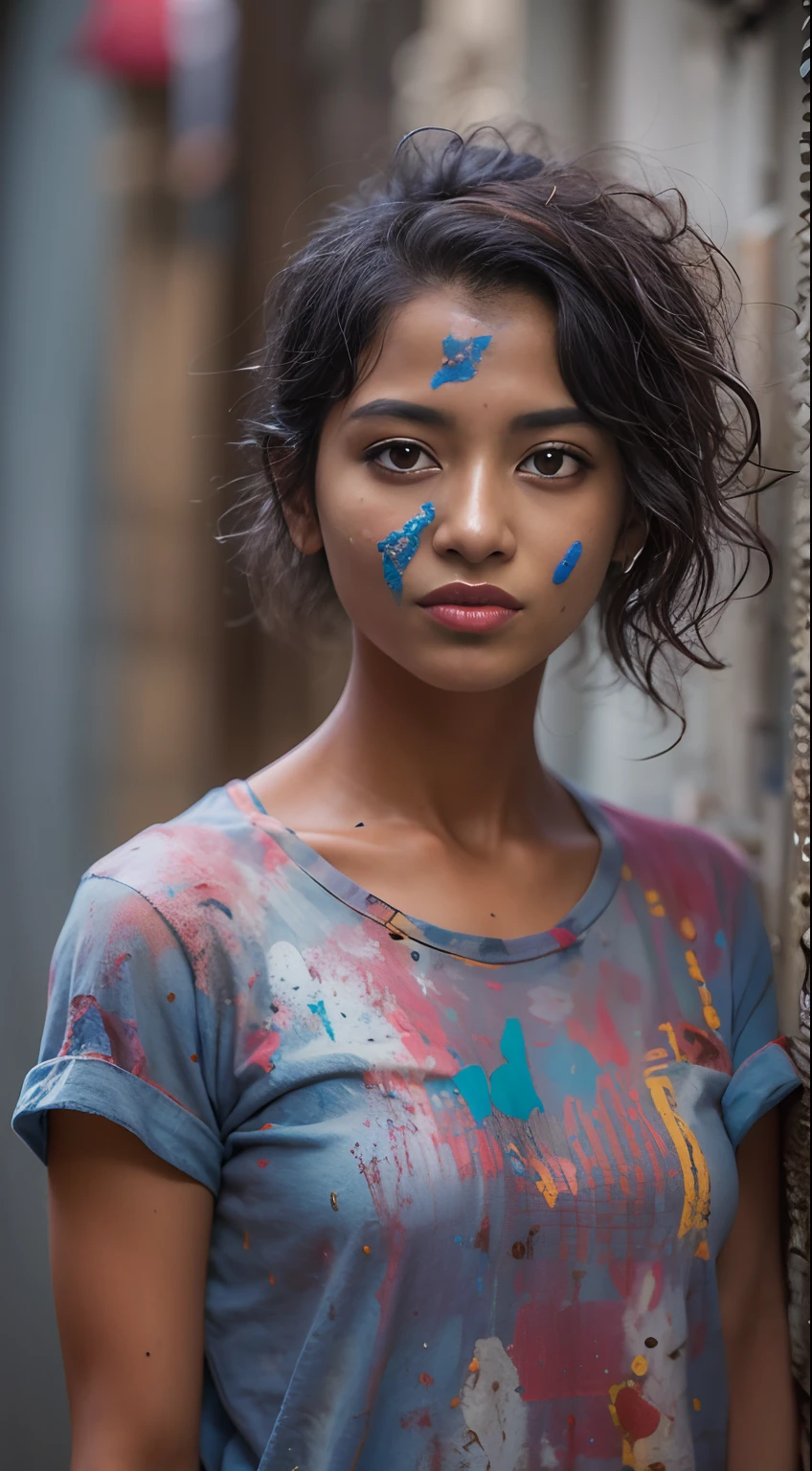 Arafed woman with blue paint on her face standing in a alleyway - SeaArt AI