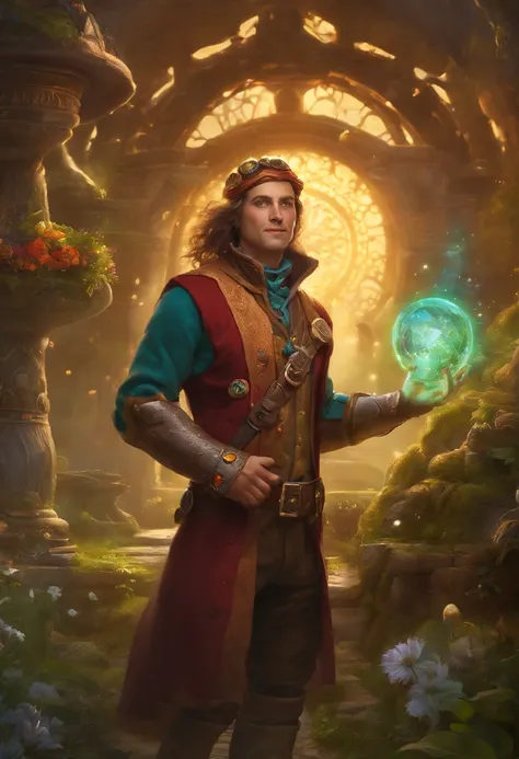 a crazy, insane, and funny Medival artificer stands in the center of a ...