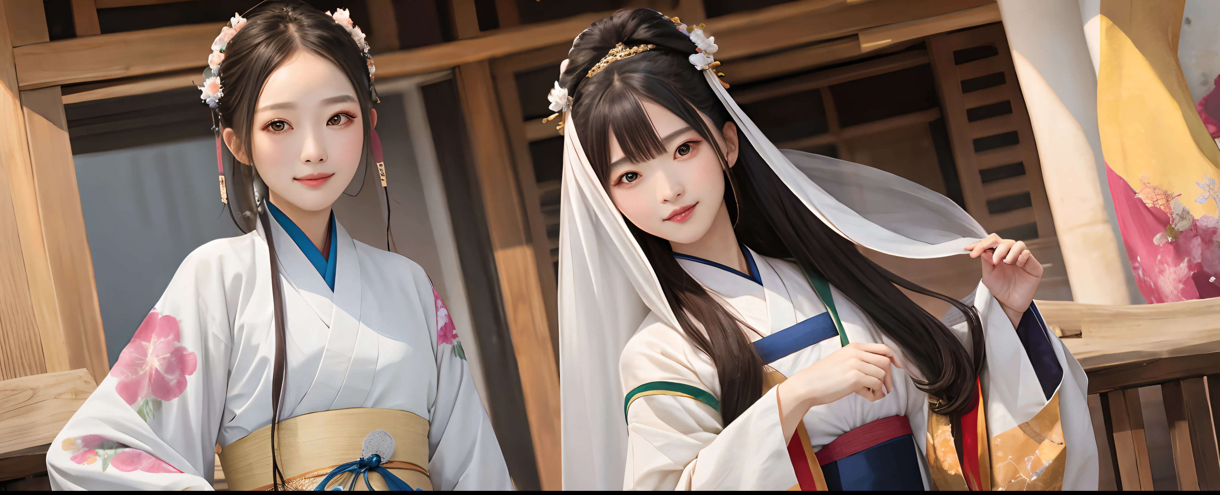 Two asian women in traditional clothing standing next to each other - SeaArt AI