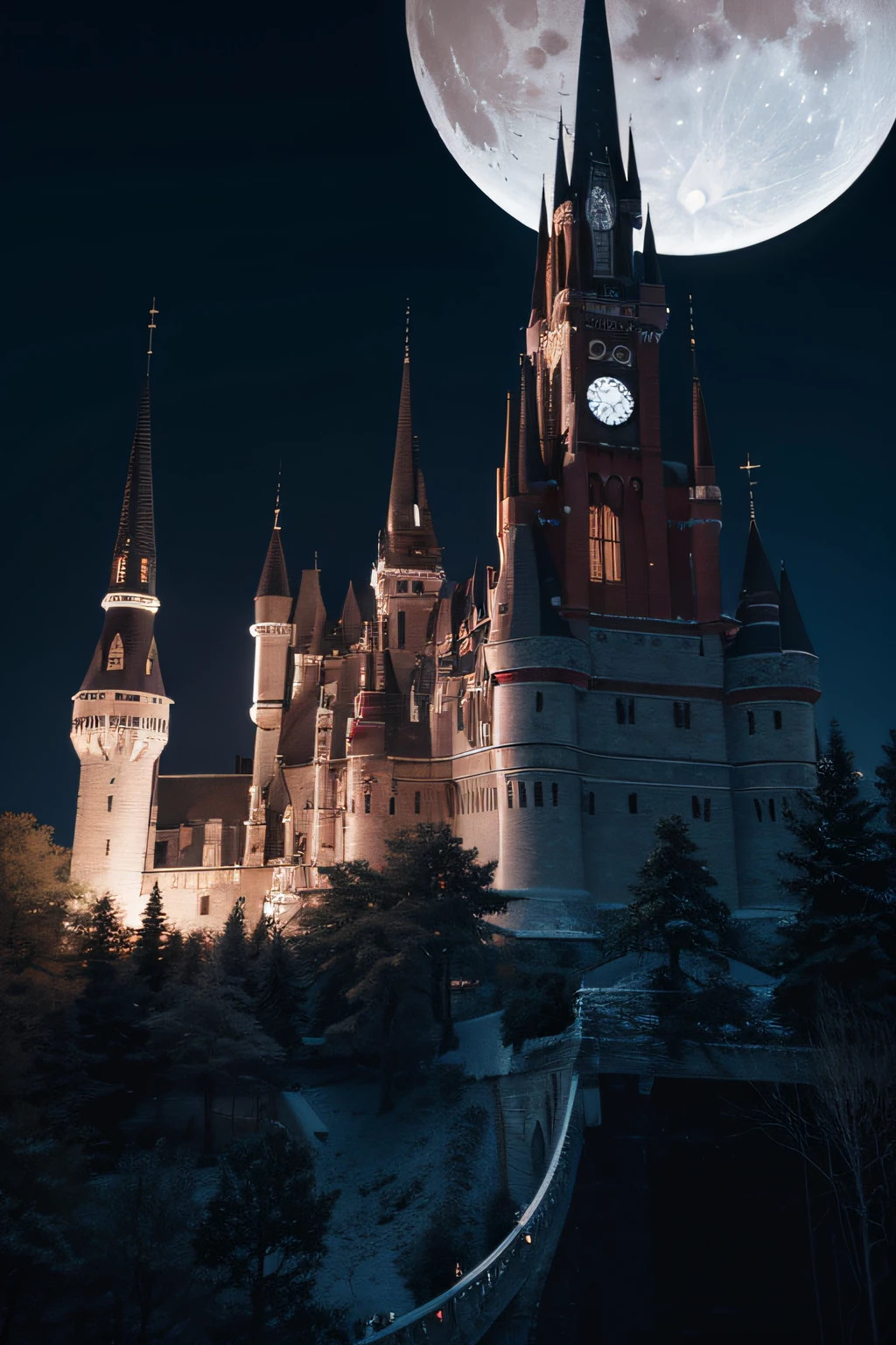 Arafed castle with a clock tower and a full moon in the background - SeaArt AI