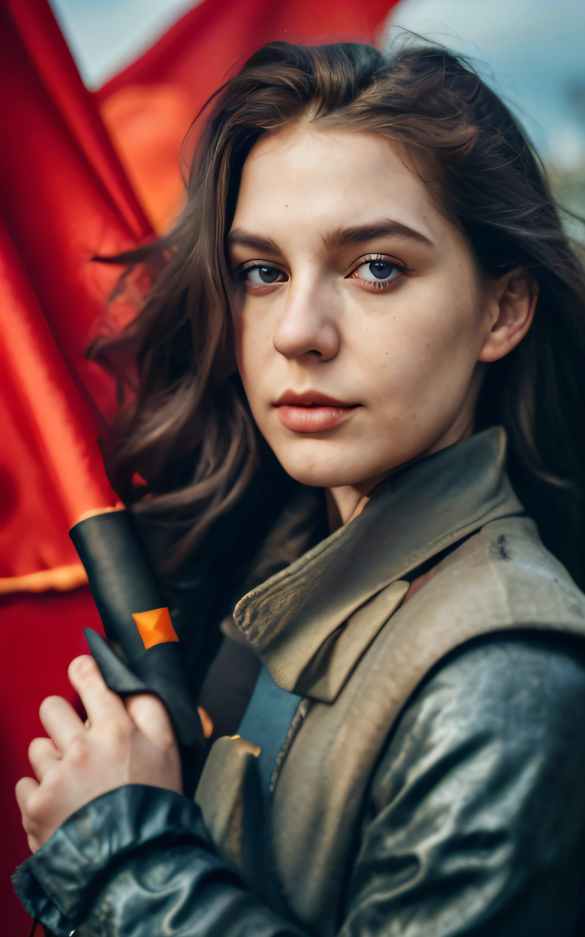 Junge Frau, heroisch, stolz, lange schwarze Haare, big red flag - SeaArt AI