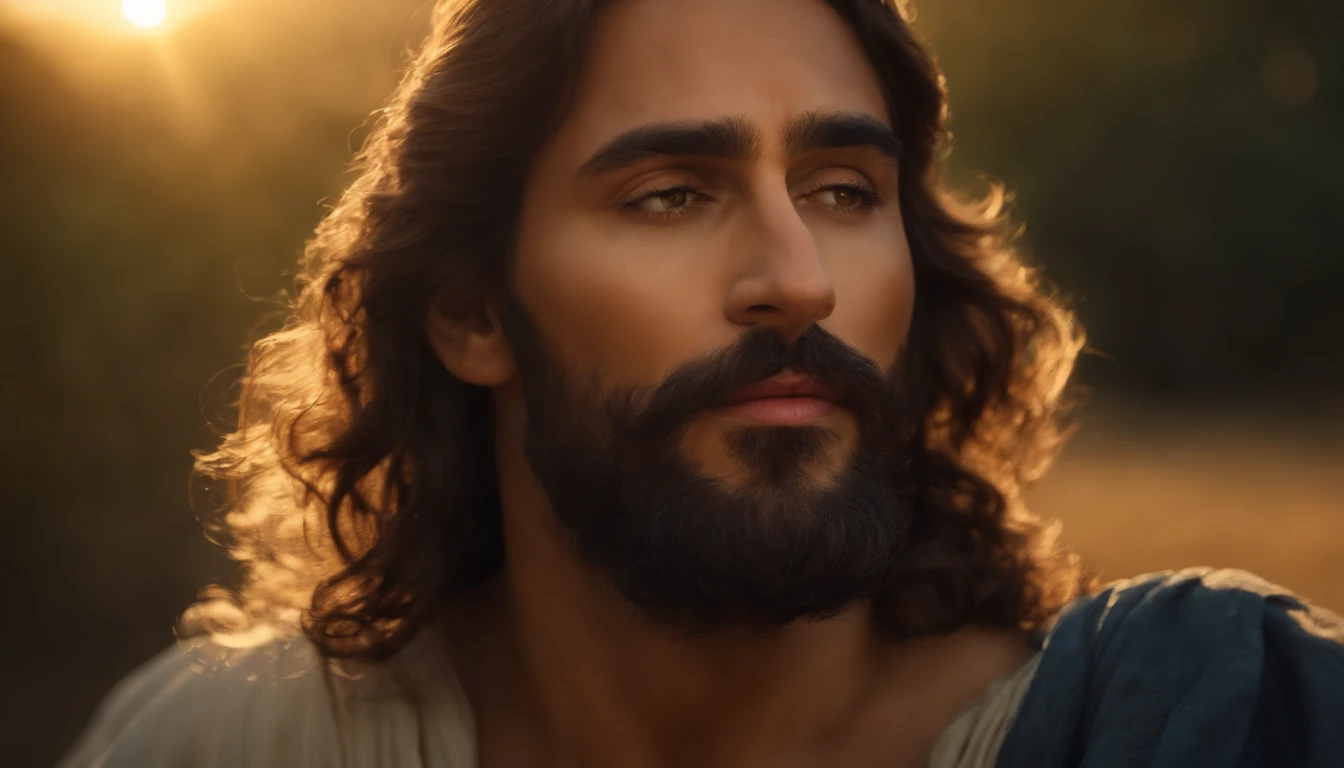 Jesus is looking at the sun with long hair and beard - SeaArt AI