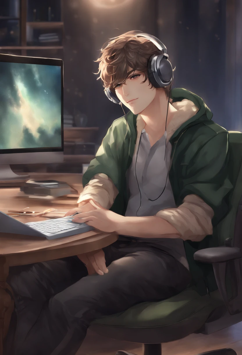 Anime boy sitting at a desk with headphones on and a laptop - SeaArt AI