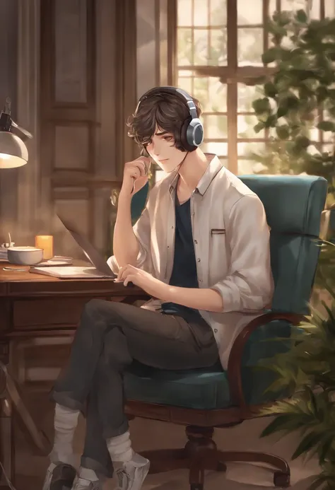 Anime man sitting in a chair with headphones and laptop, digital anime ...