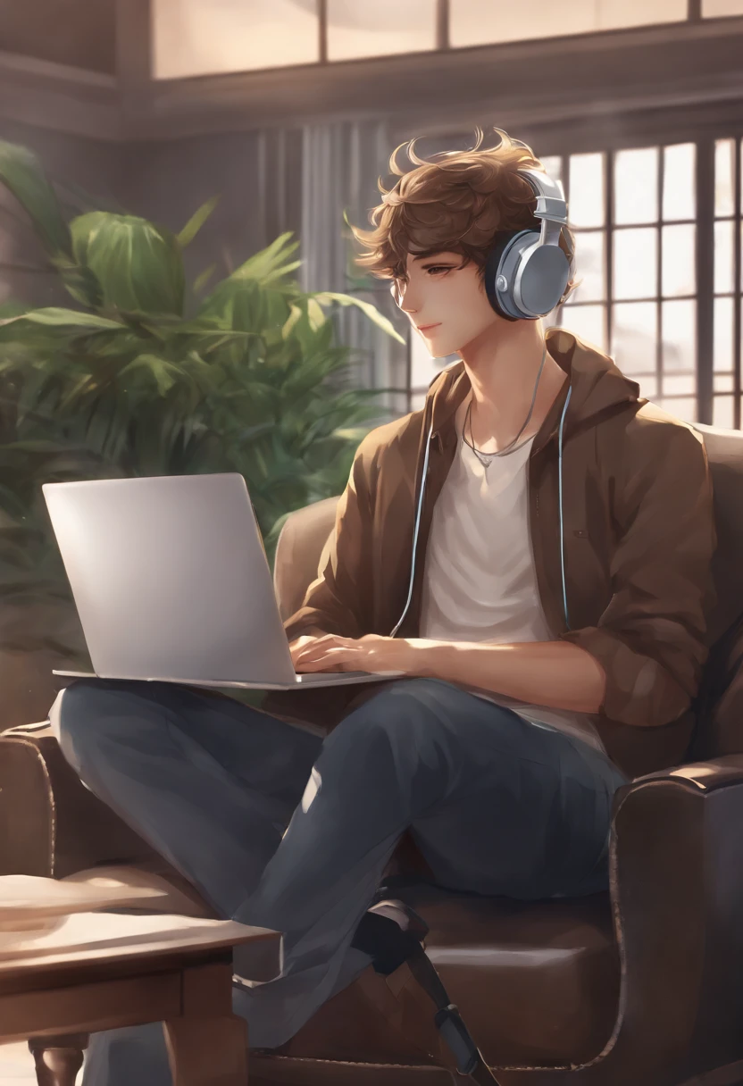 Anime man sitting in a chair with headphones and laptop, digital anime ...