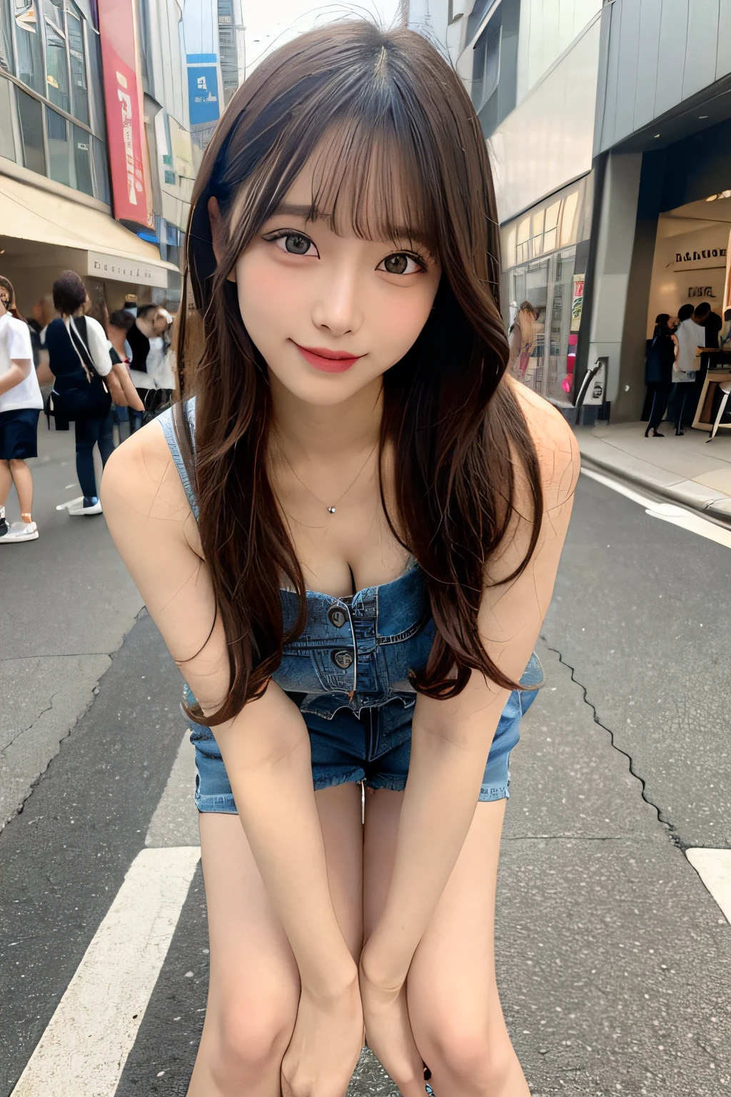 Araffe asian girl in denim shorts and a tank top posing on a skateboard - SeaArt AI