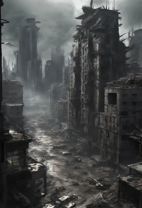 Create dystopian masterpieces，Depict the destroyed futuristic cityscape ...